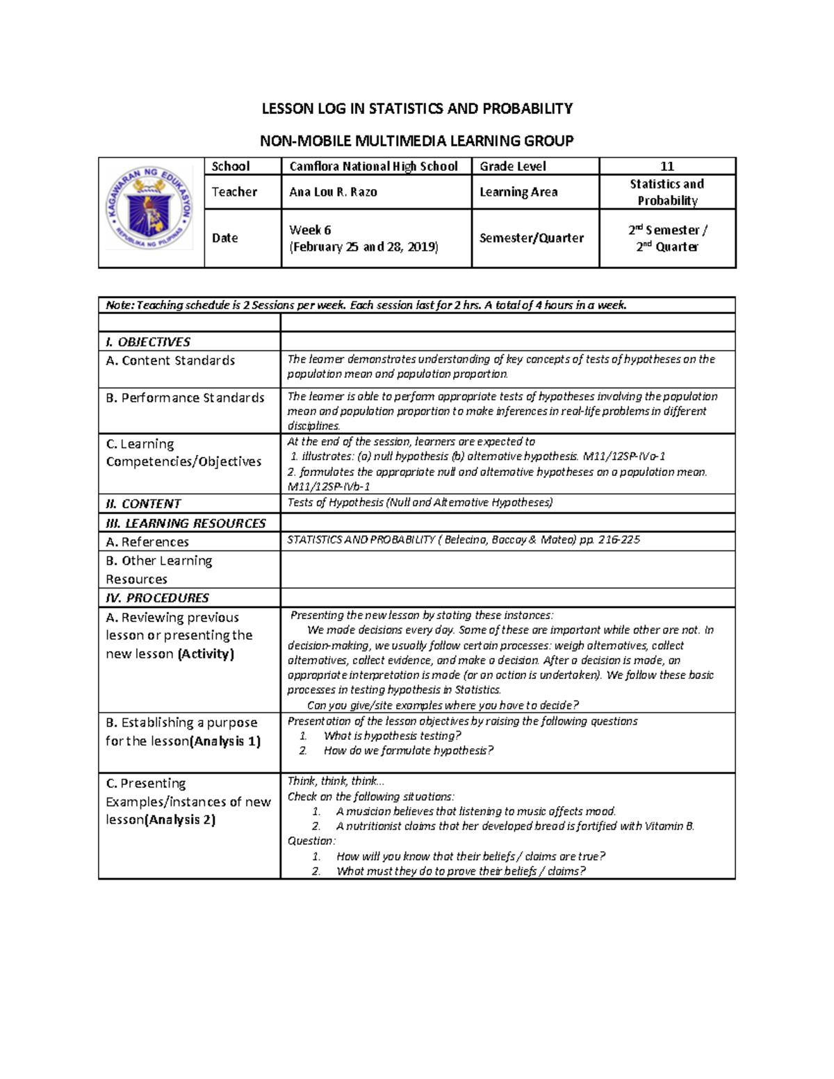 Daiuily Lesson Log - LESSON LOG IN STATISTICS AND PROBABILITY NON ...