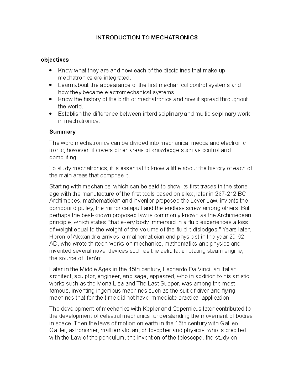 Introduction to Mechatronics - INTRODUCTION TO MECHATRONICS objectives ...