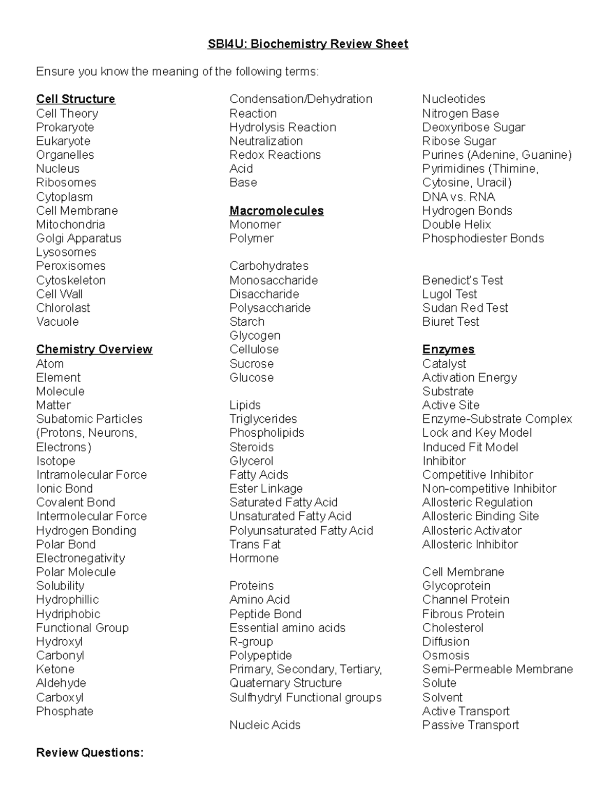 Biochemistry review - bio - SBI4U: Biochemistry Review Sheet Ensure you ...