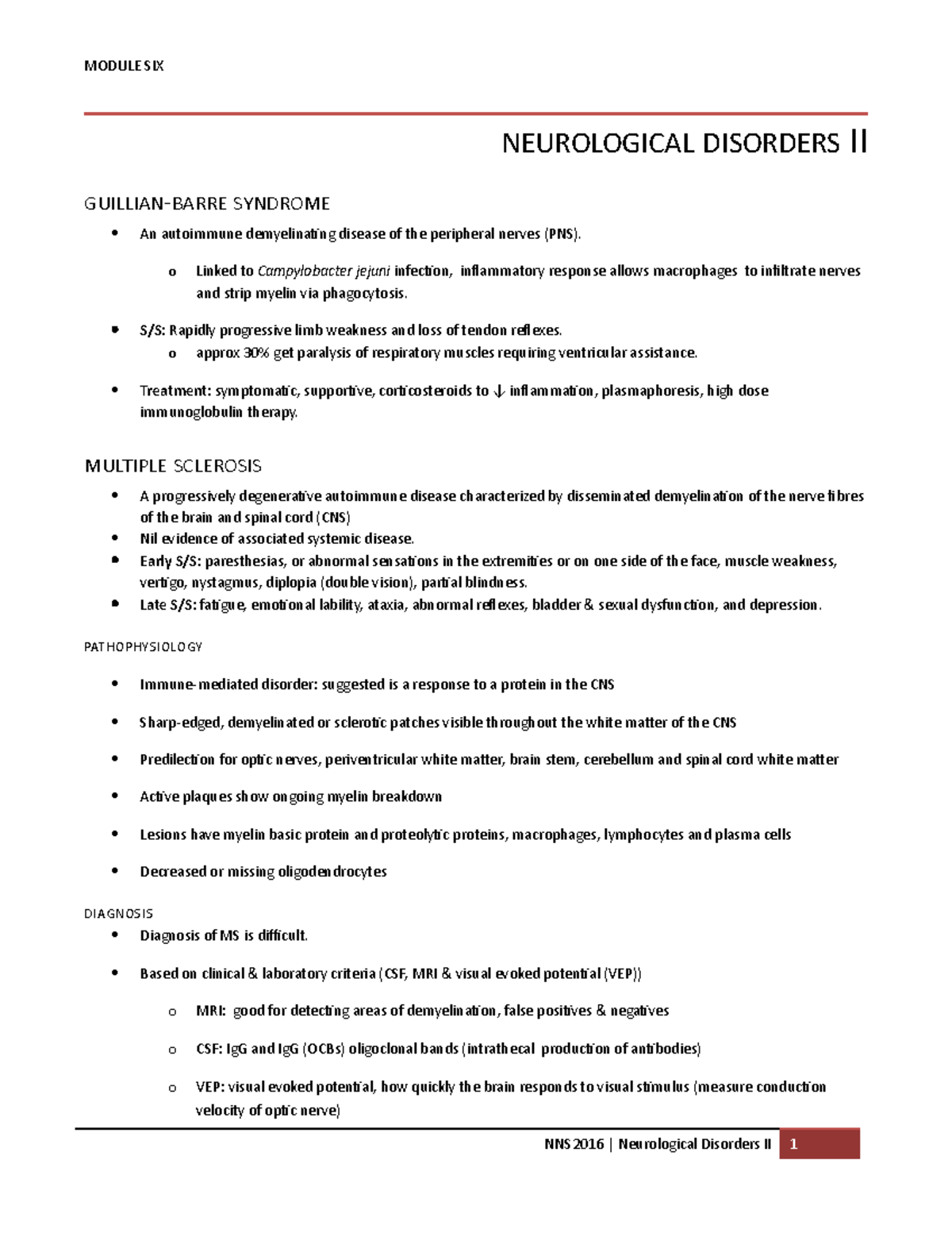 Lecture notes, Module 6, Neurological Disorders II, revised ...