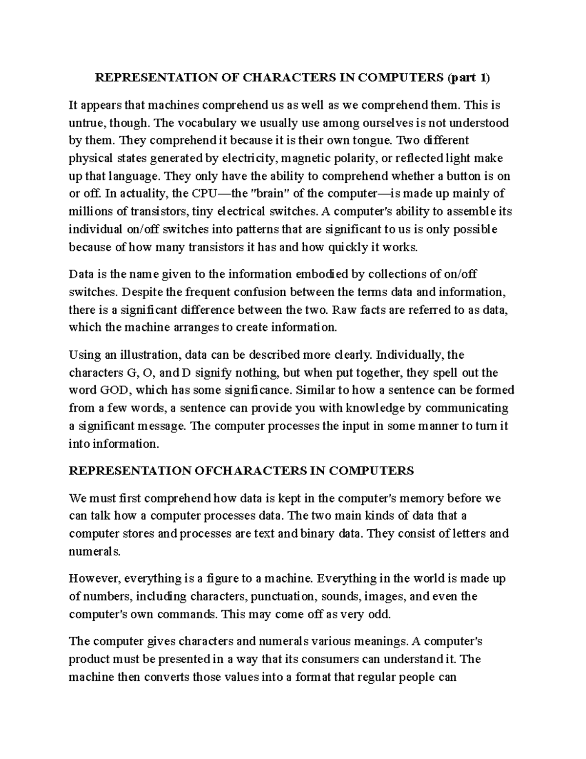 Representation OF Characters IN Computers (part 1) - REPRESENTATION OF ...