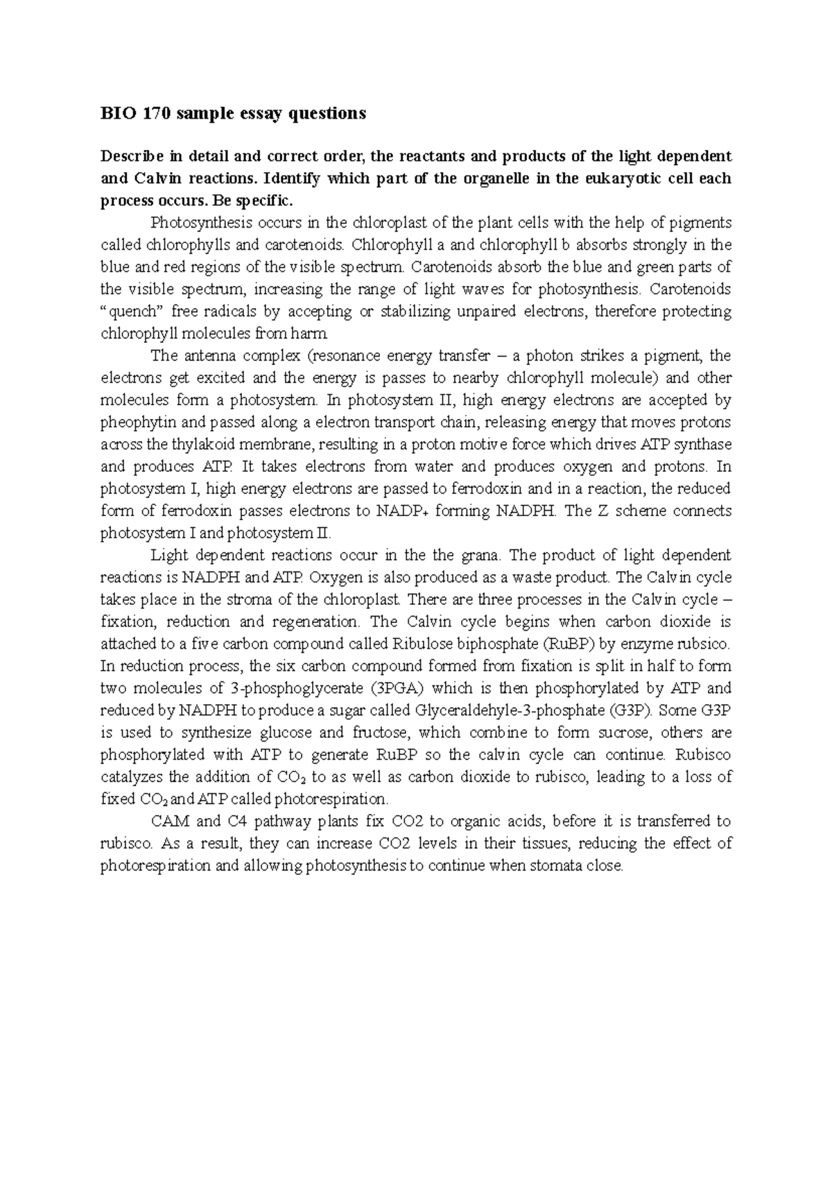 BIO 170 sample essay questions - BIO 170 sample essay questions ...