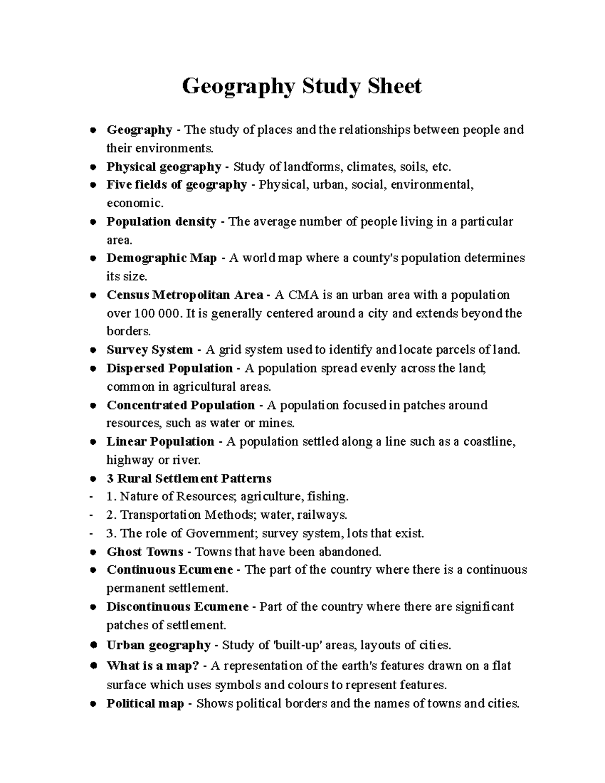Geography Study Sheet - Unit 1 - Geography Study Sheet Geography - The ...