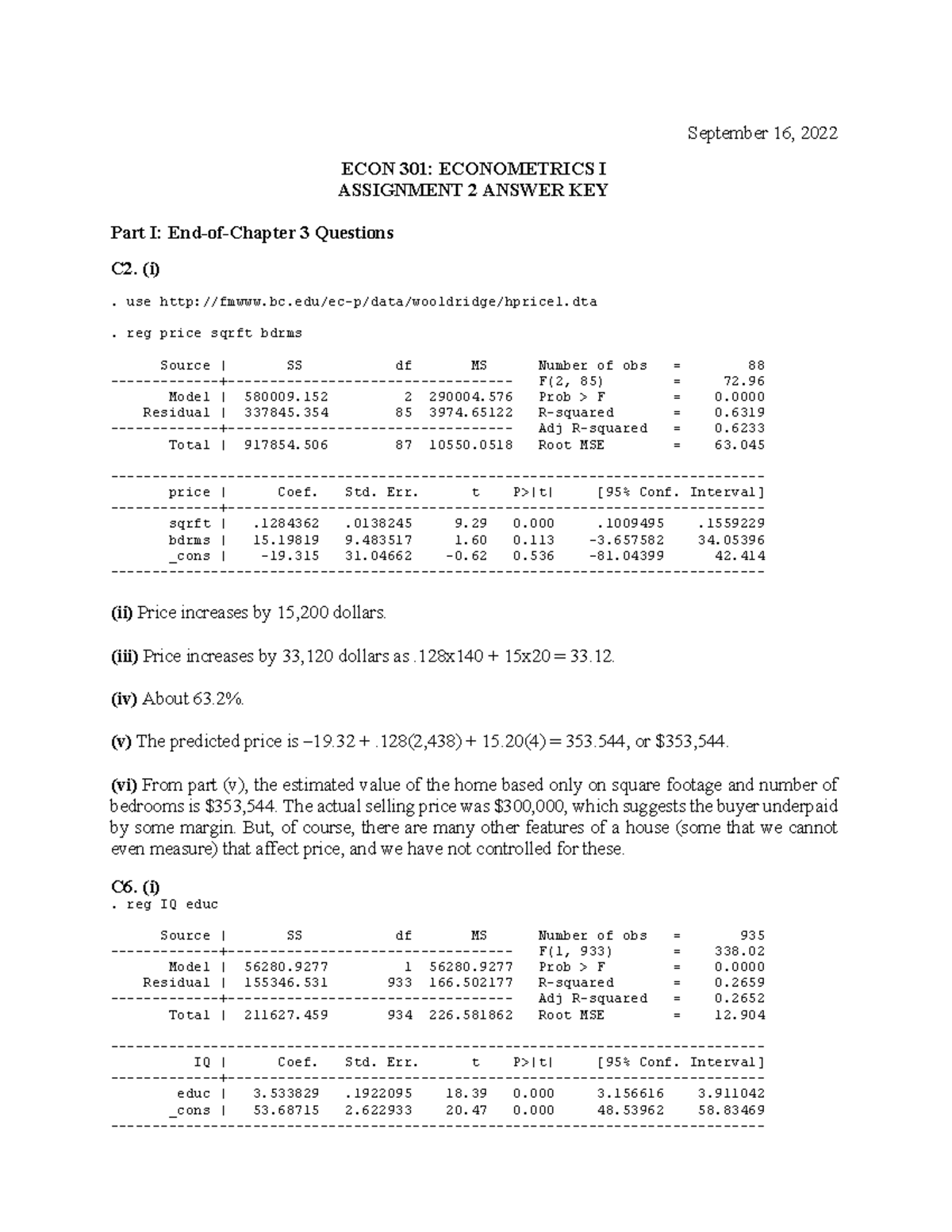 Assignment 2 Answer Key September 16 2022 Econ 301 Econometrics I