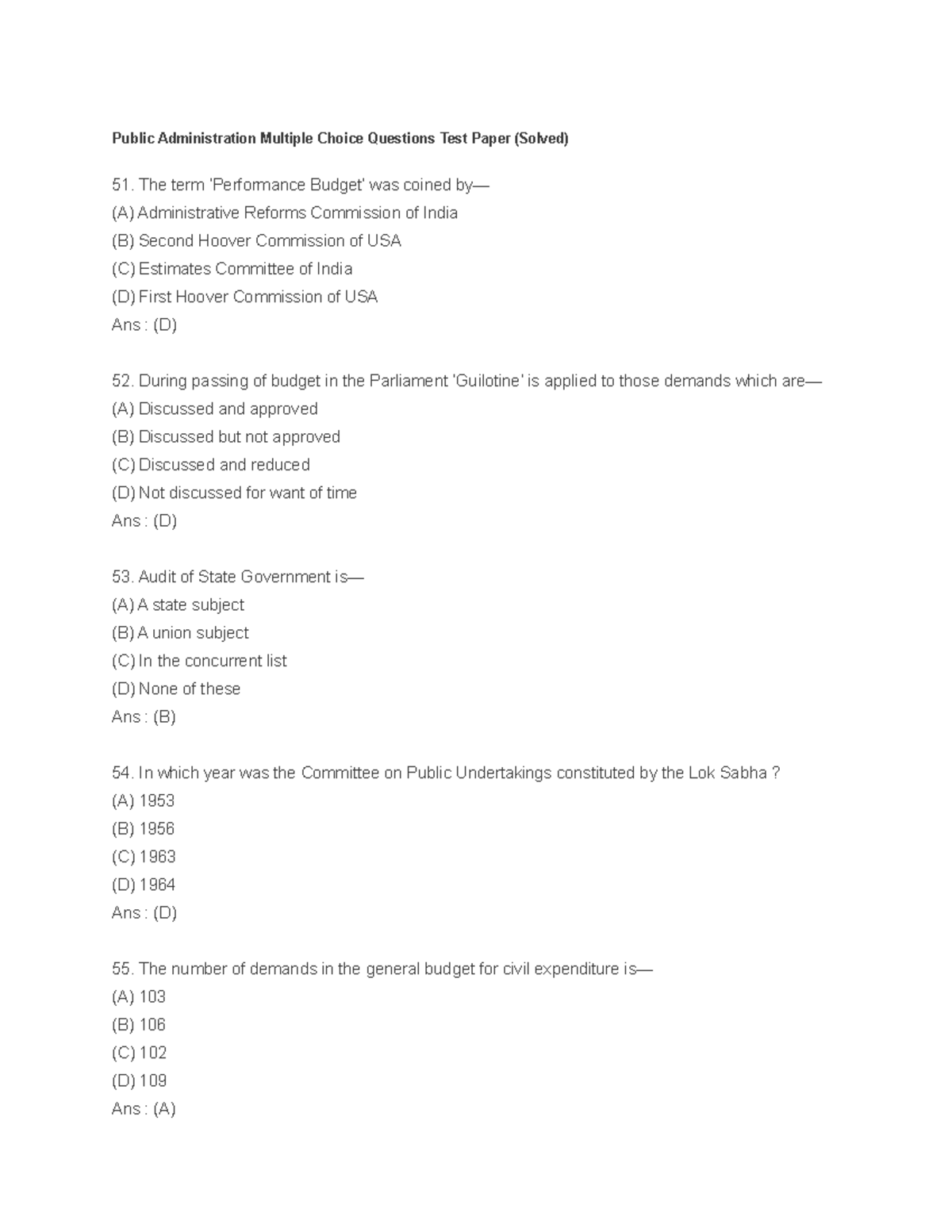 Public Administration Multiple Choice Questions Test Paper - G. Stahl ...