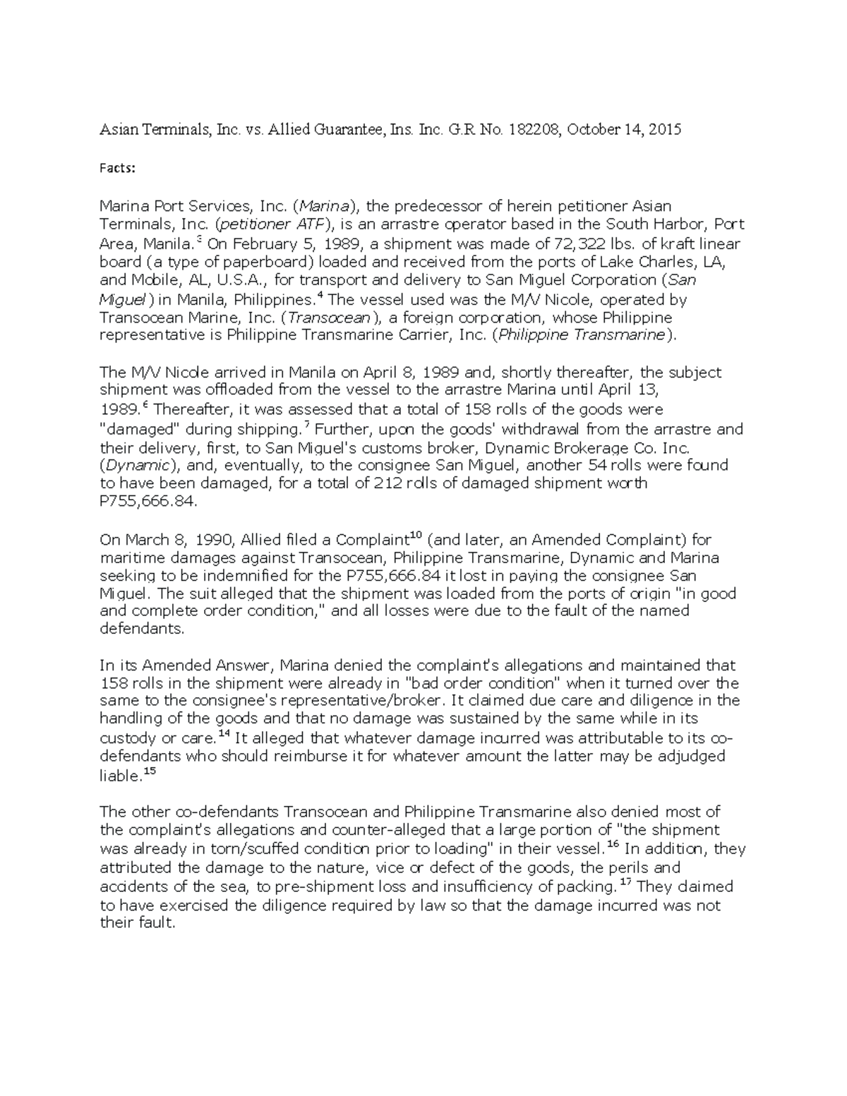 Asian Terminals, Inc. vs. Allied Guarantee, Ins. Inc. G.R No. 182208 ...