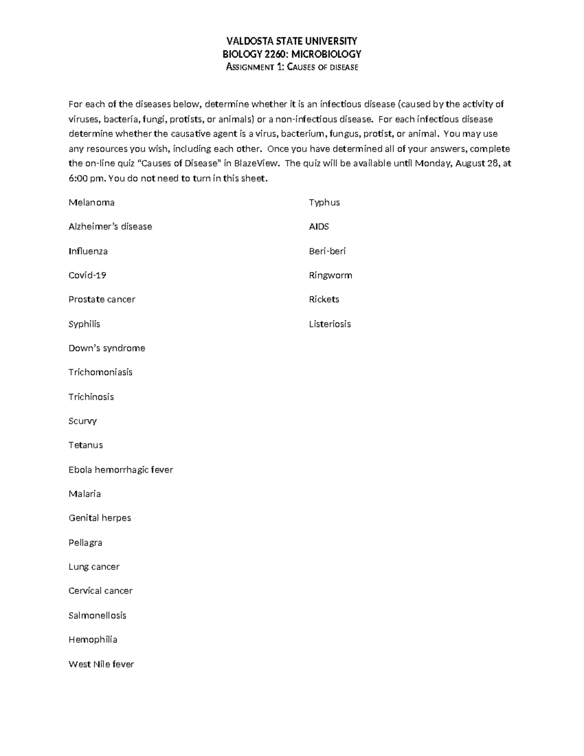Assignment 1 - Causes of Disease - VALDOSTA STATE UNIVERSITY BIOLOGY ...