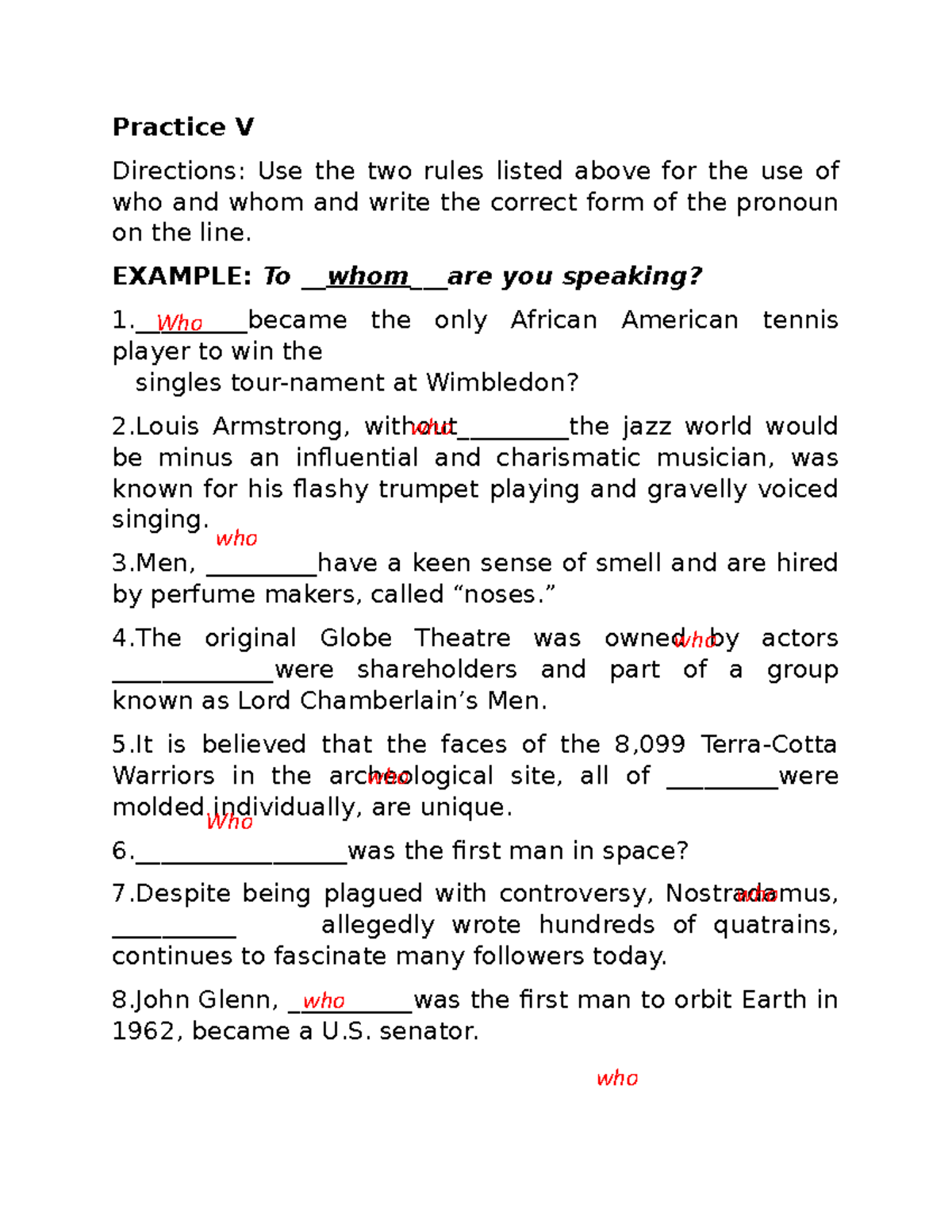 QUIZ1 - form of the pronoun - Practice V Directions: Use the two rules ...