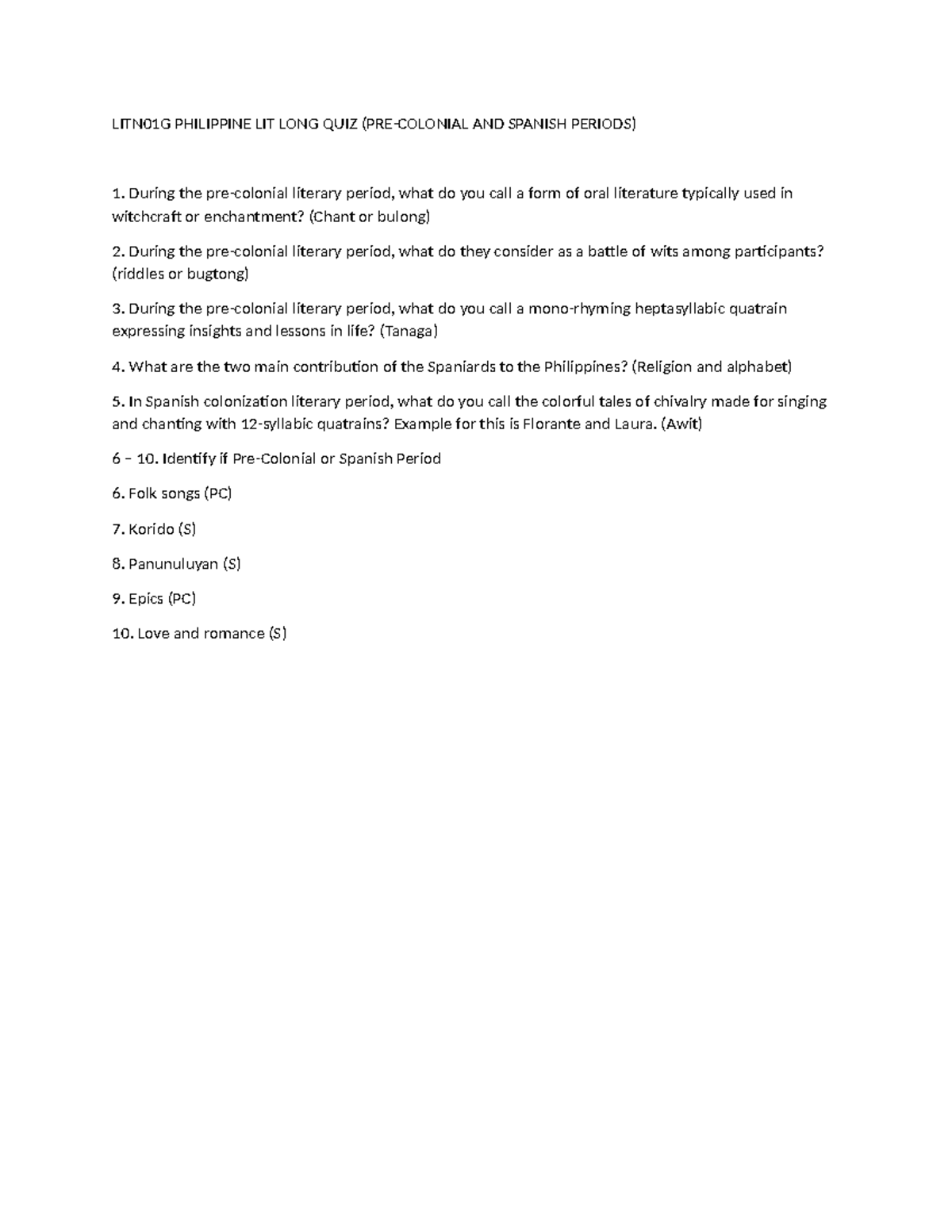 LITN01G QUIZ Precolonial Spanish - LITN01G PHILIPPINE LIT LONG QUIZ ...
