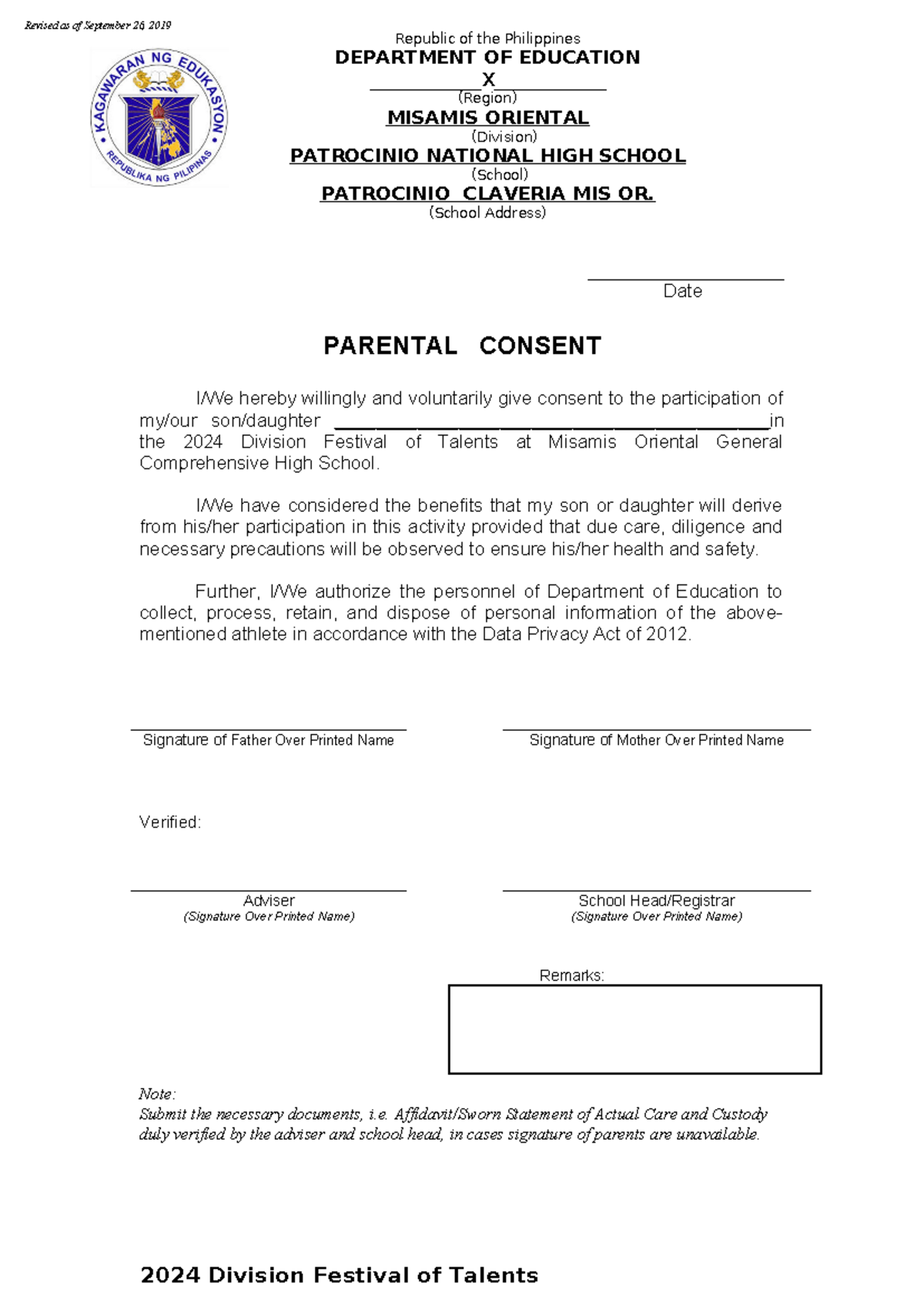 2020 Parents Consent revised 2 2 - Republic of the Philippines DEPARTMENT OF EDUCATION X (Region ...