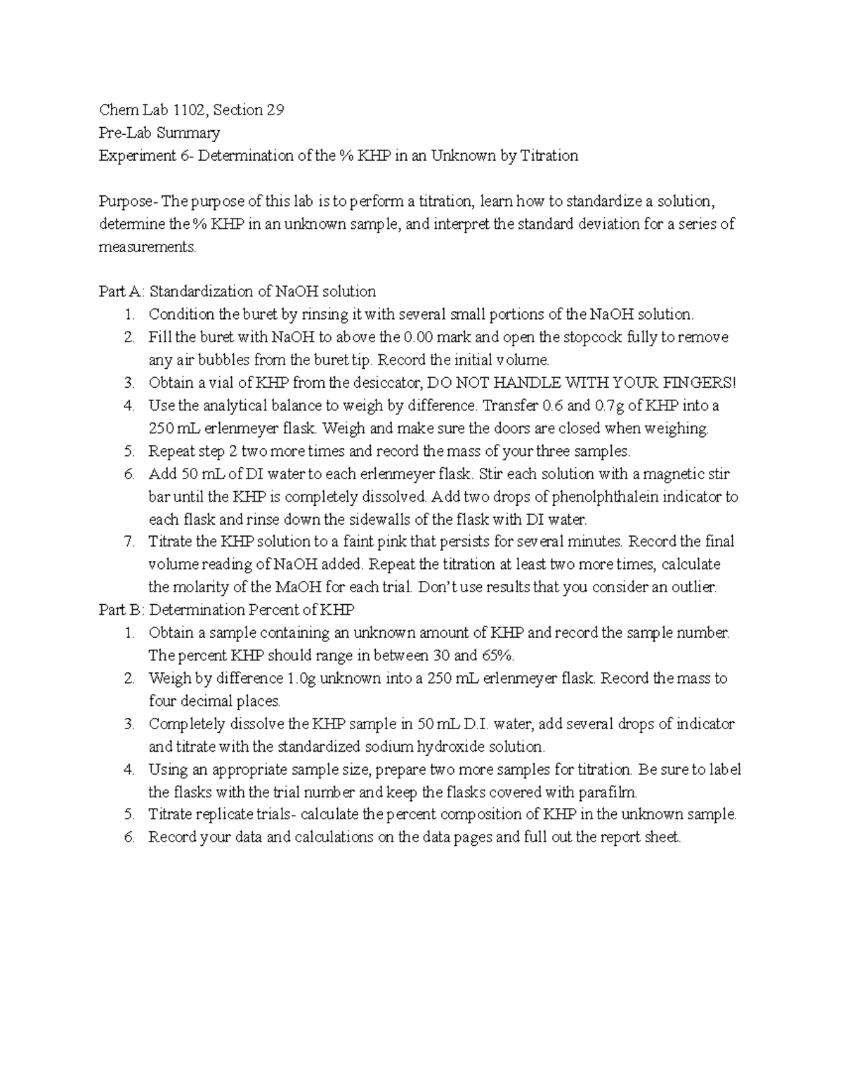 Experiment 6- Prelab - Chem Lab 1102, Section 29 Pre-Lab Summary ...