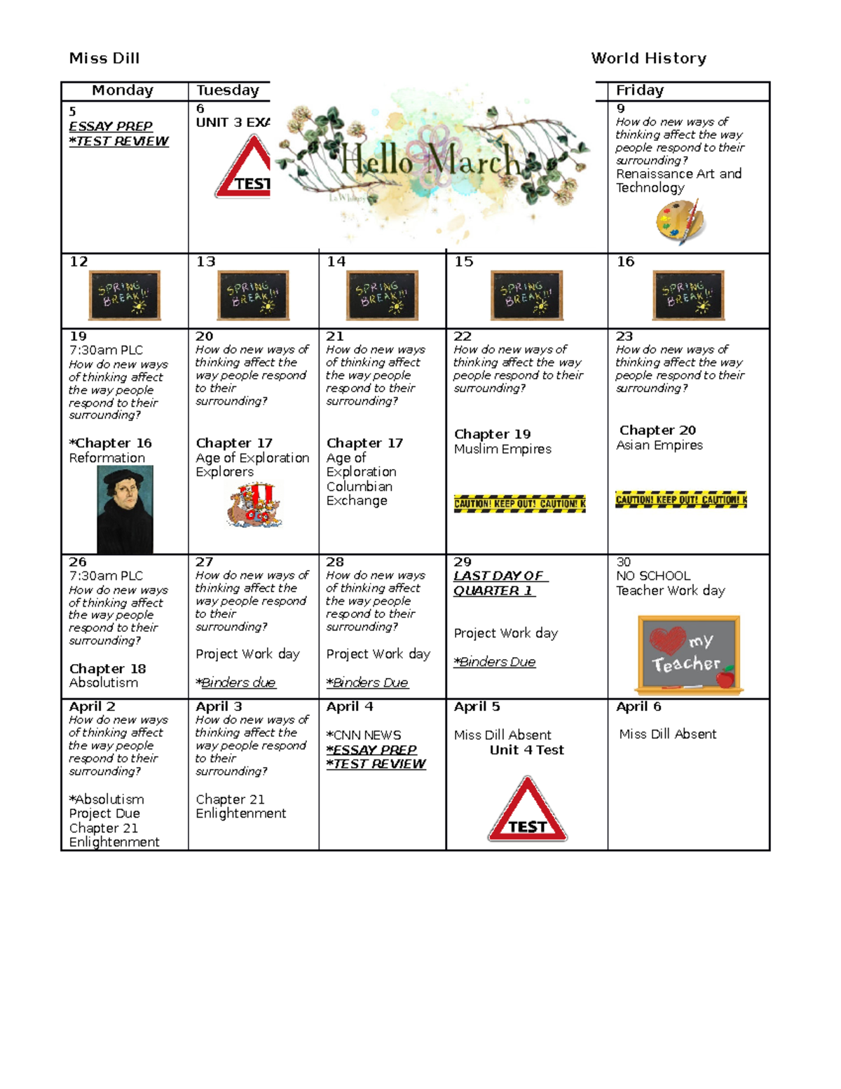 March World History - Calendar - Miss Dill World History Monday Tuesday ...