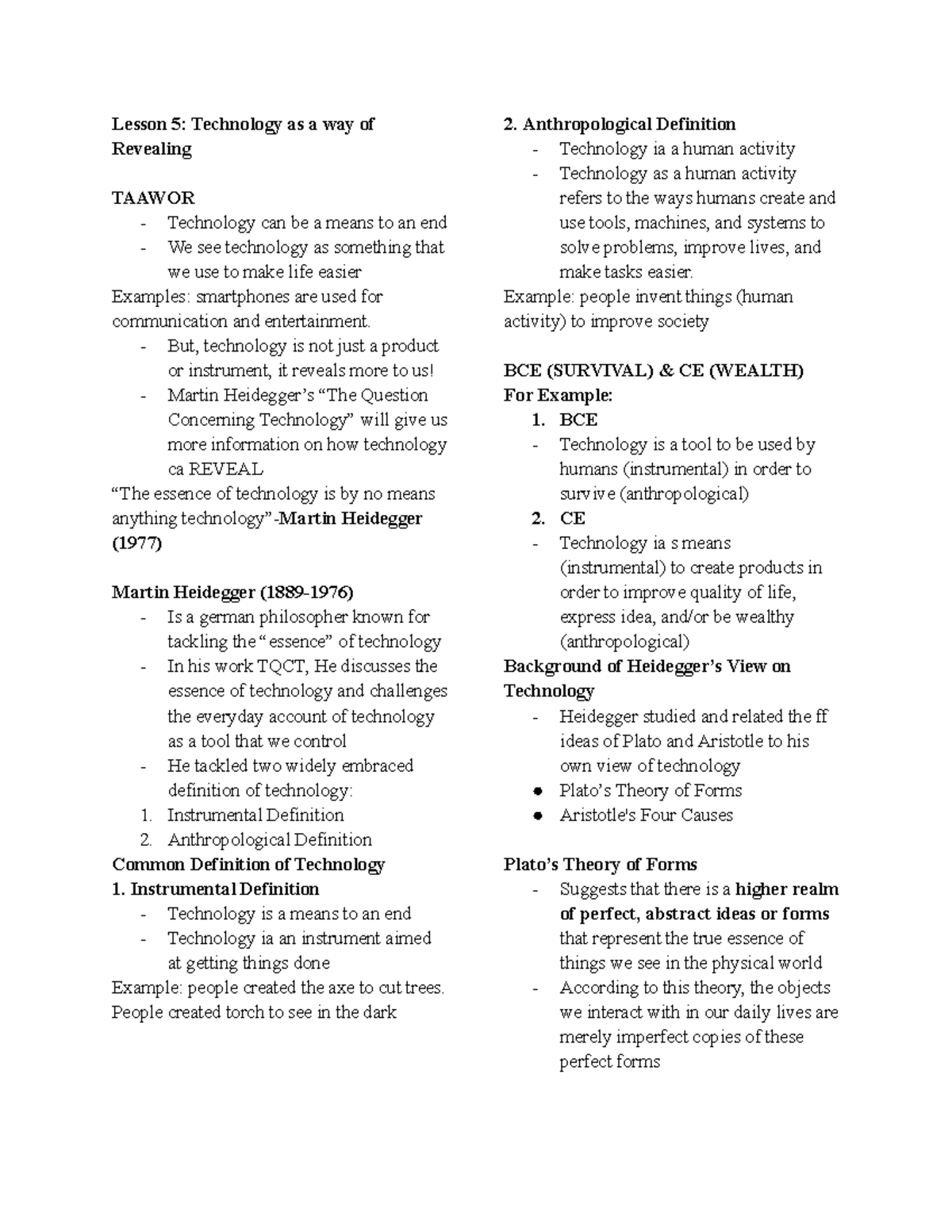 STS Midterm Reviewer - Lesson 5: Technology as a way of Revealing TAAWOR - Technology can be a ...