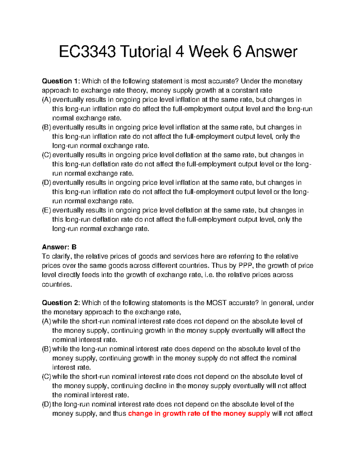 EC3343 Tutorial 4 Week 6 Answer - EC3343 Tutorial 4 Week 6 Answer Question 1: Which of the ...