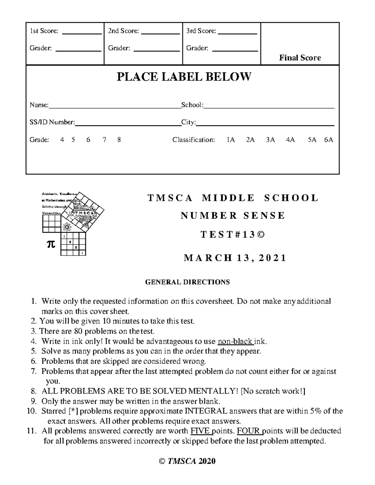 MSNS13 20-21 - TMSCA Number Sense - 1st Score: Grader: 2nd Score ...