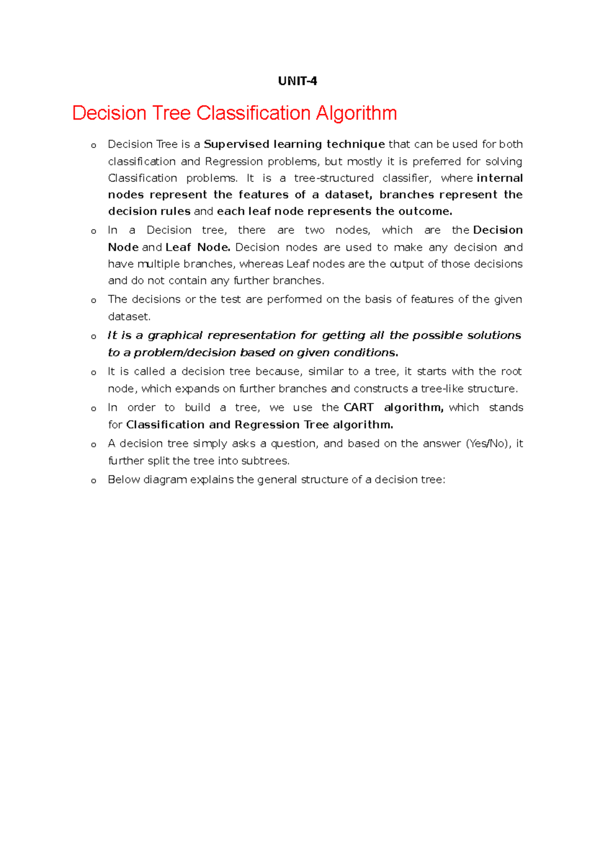 DS UNIT- 4 - Data science - UNIT- Decision Tree Classification Algorithm o Decision Tree is a ...