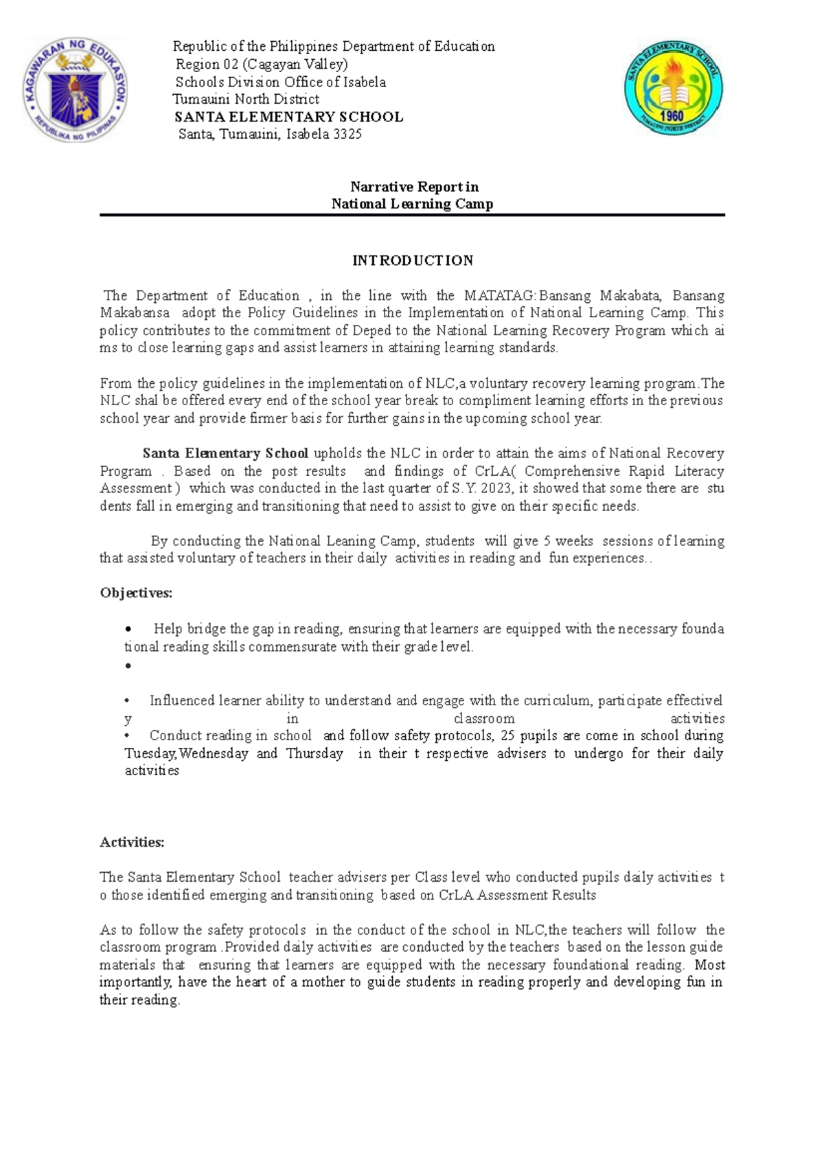 103882 SES NLC Narrative Report - Republic of the Philippines ...