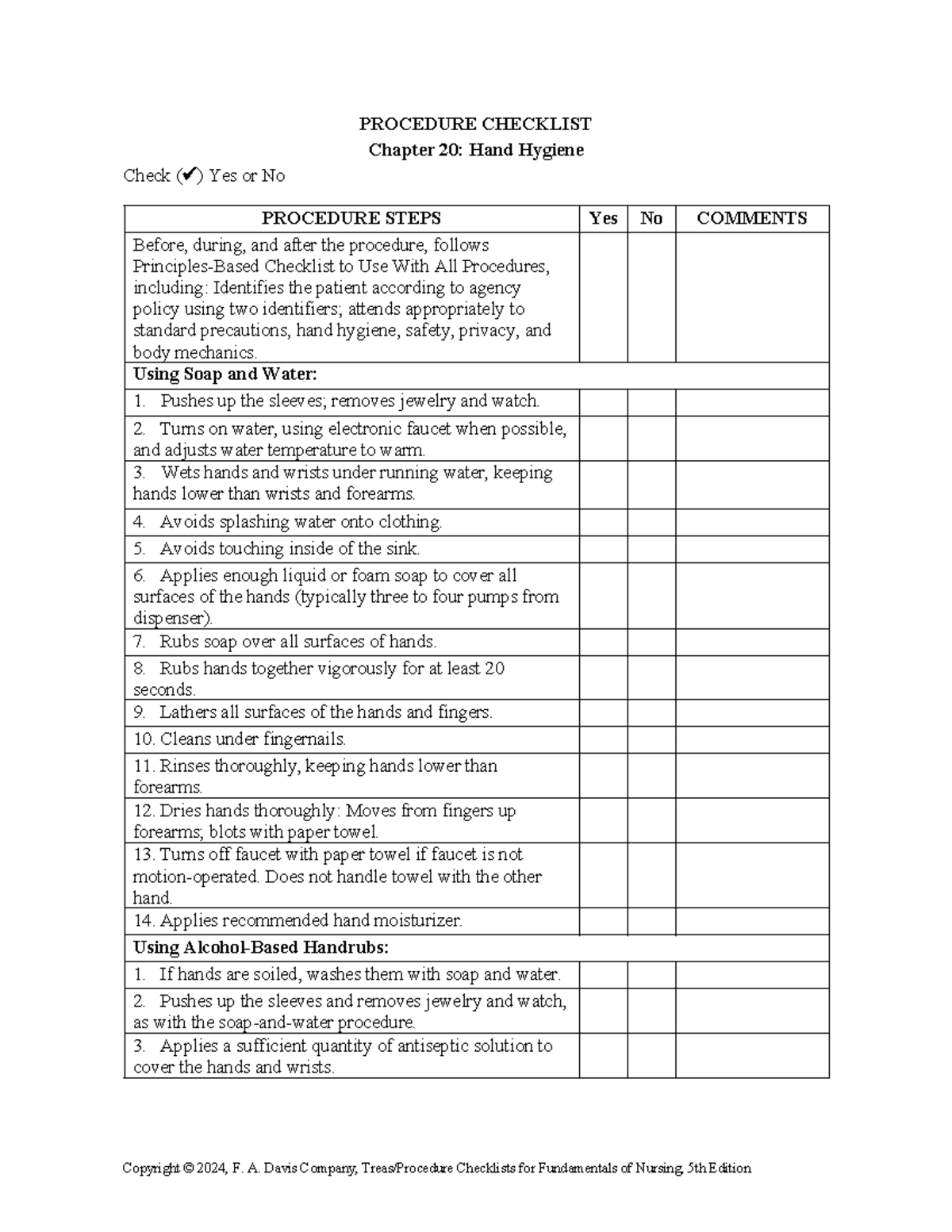20-01 - lecture - PROCEDURE CHECKLIST Chapter 20: Hand Hygiene Check (ü ...