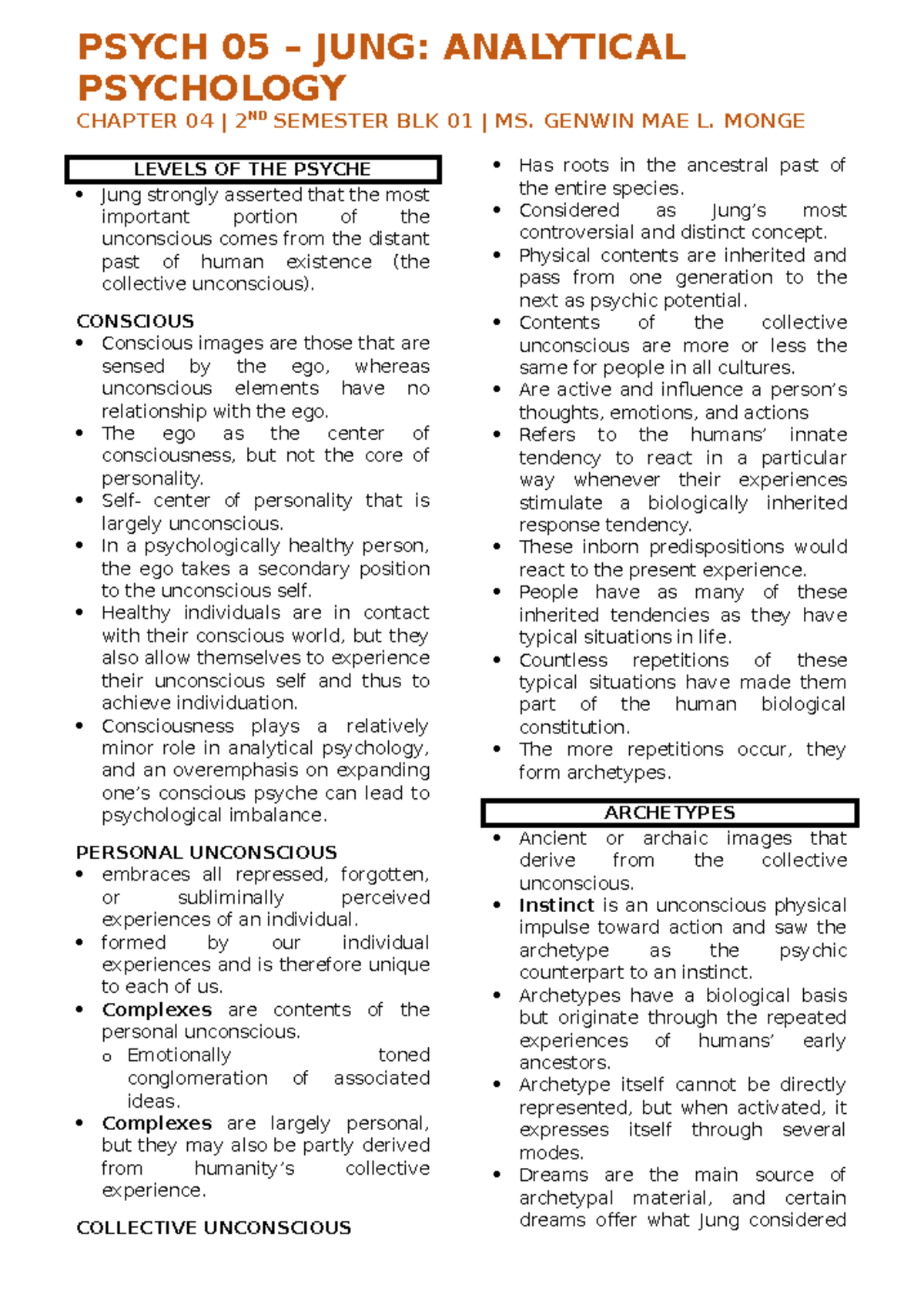 Psych 05 - Chapter 04 - PSYCH 05 – JUNG: ANALYTICAL PSYCHOLOGY CHAPTER ...