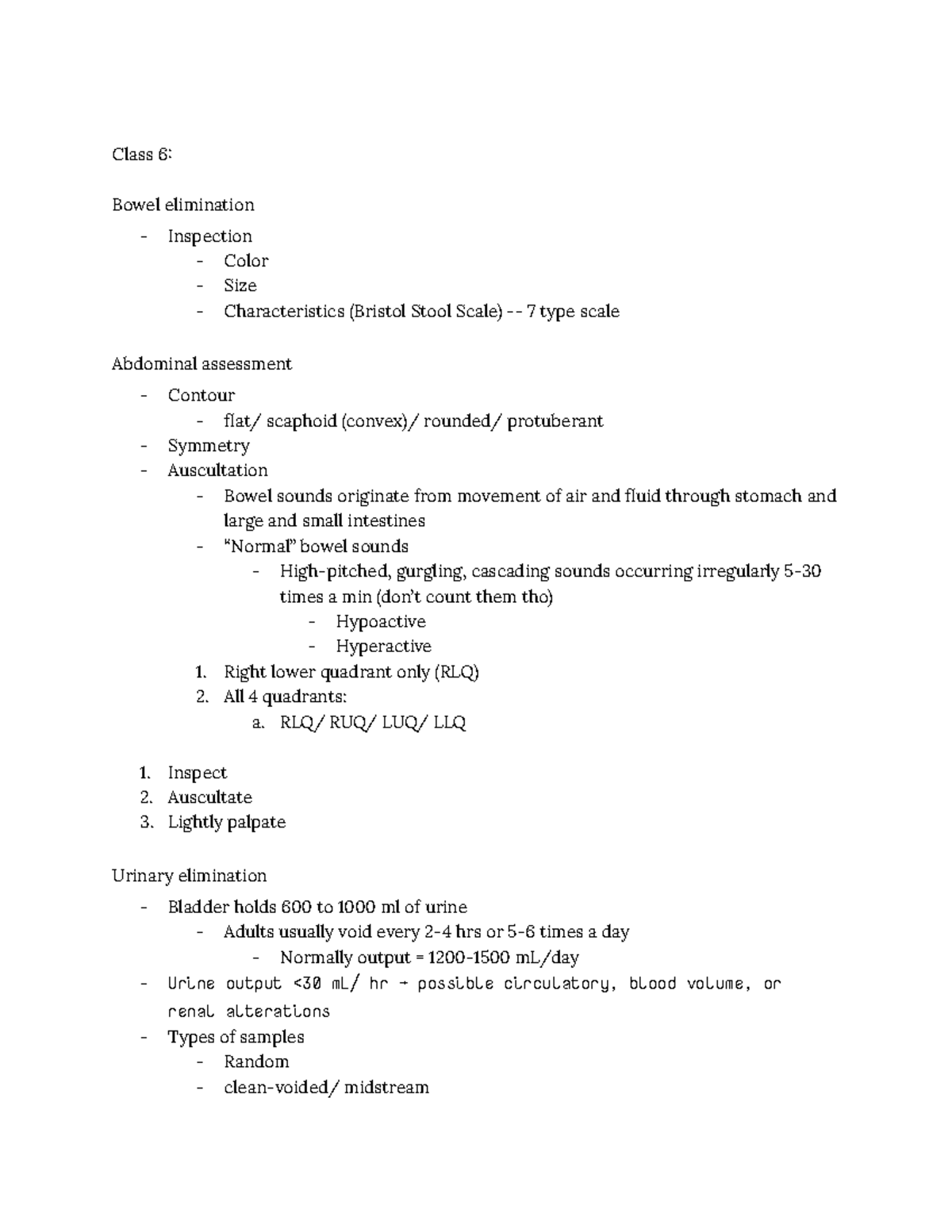 Genourital Elimination Assessment Notes - Class 6: Bowel elimination ...