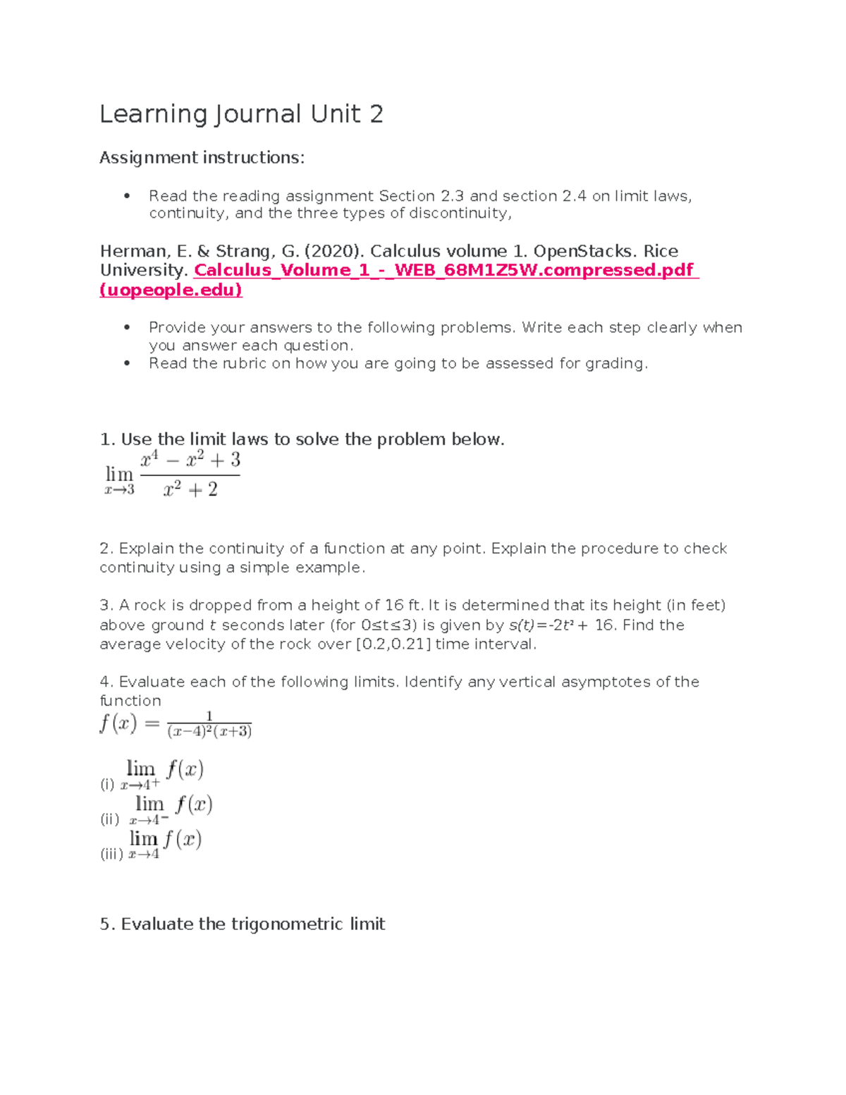 MATH 1211 - Learning Journal Unit 2 - Learning Journal Unit 2 Assignment instructions: Read the ...