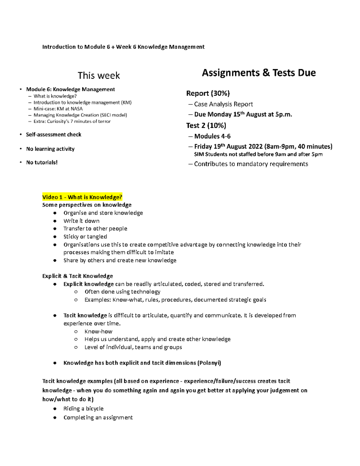 Week 6 Module - Introduction to Module 6 + Week 6 Knowledge Management Video 1 - What is ...