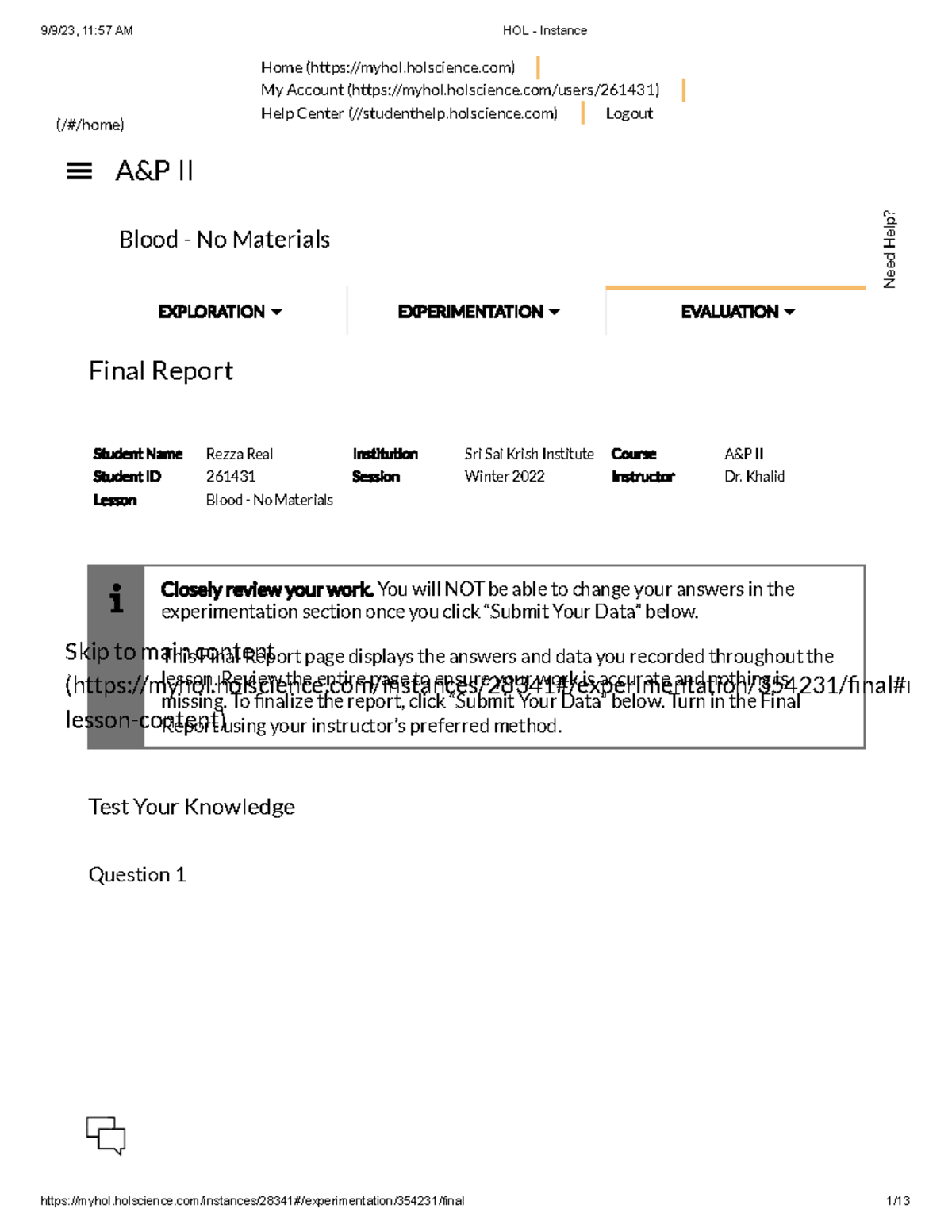HOL - Instance - Test bank - (/#/home) Home (myhol.holscience) My ...
