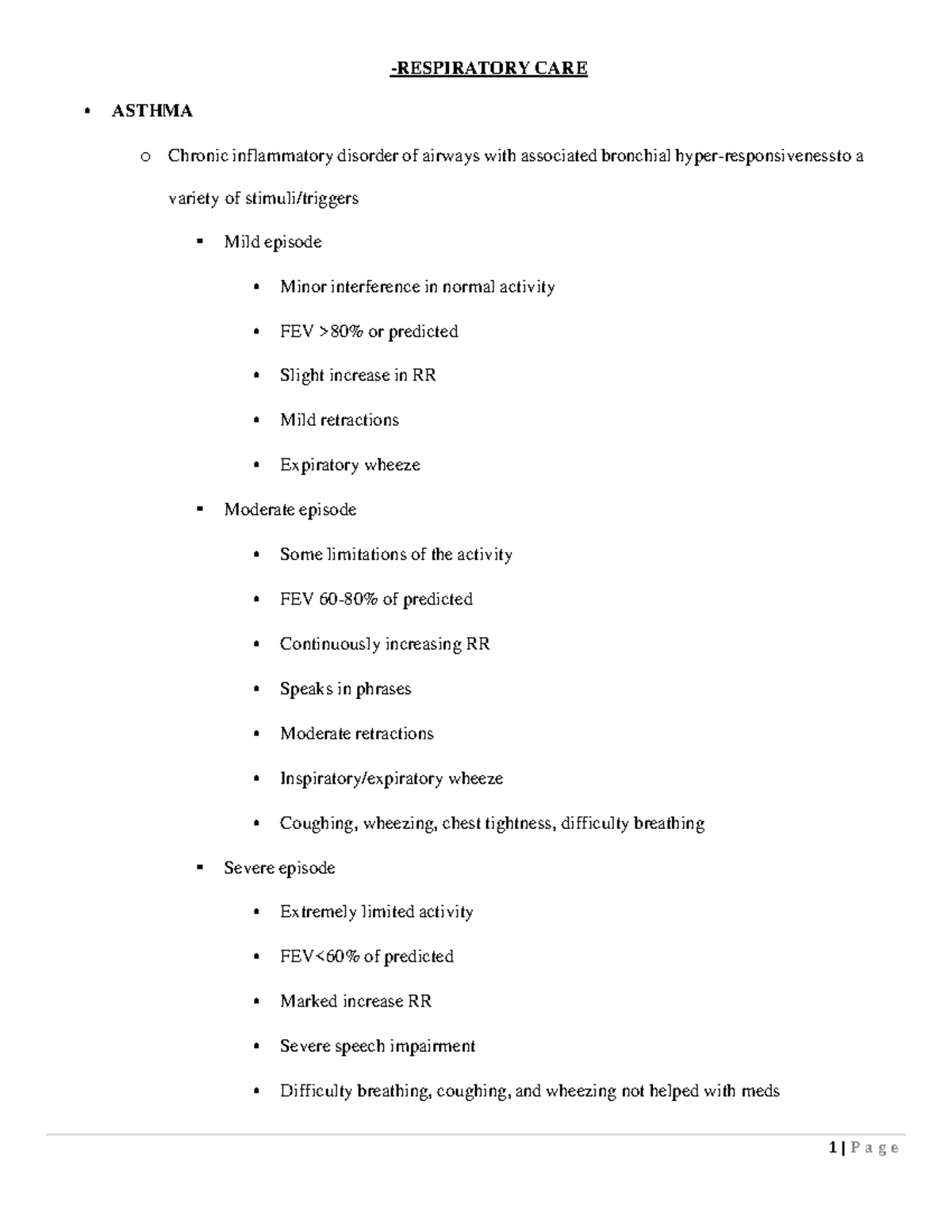 Exam1peds blueprint notes -RESPIRATORY CARE • ASTHMA o Chronic ...