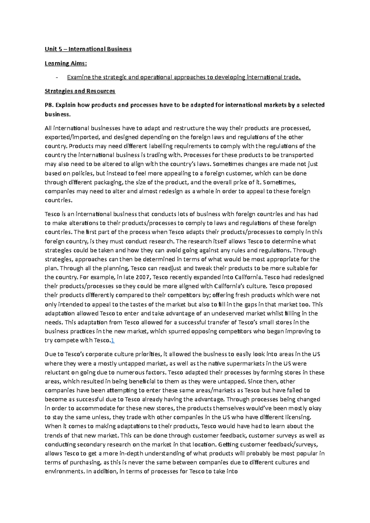 Explain how products and processes have to be adapted for international ...