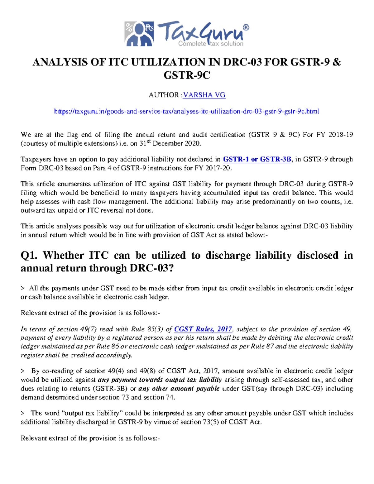 Analysis of ITC Utilization in DRC-03 for GSTR-9 & GSTR-9C- taxguru ...