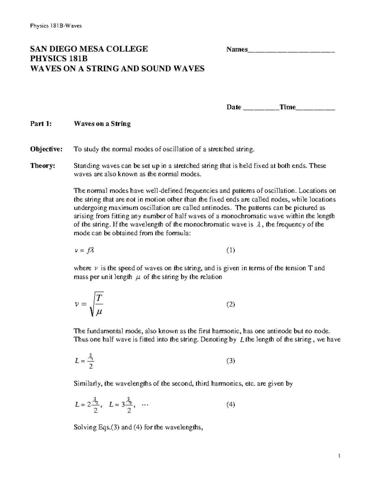 181B 08 Waves on a String and Sound waves - SAN DIEGO MESA COLLEGE Names ...