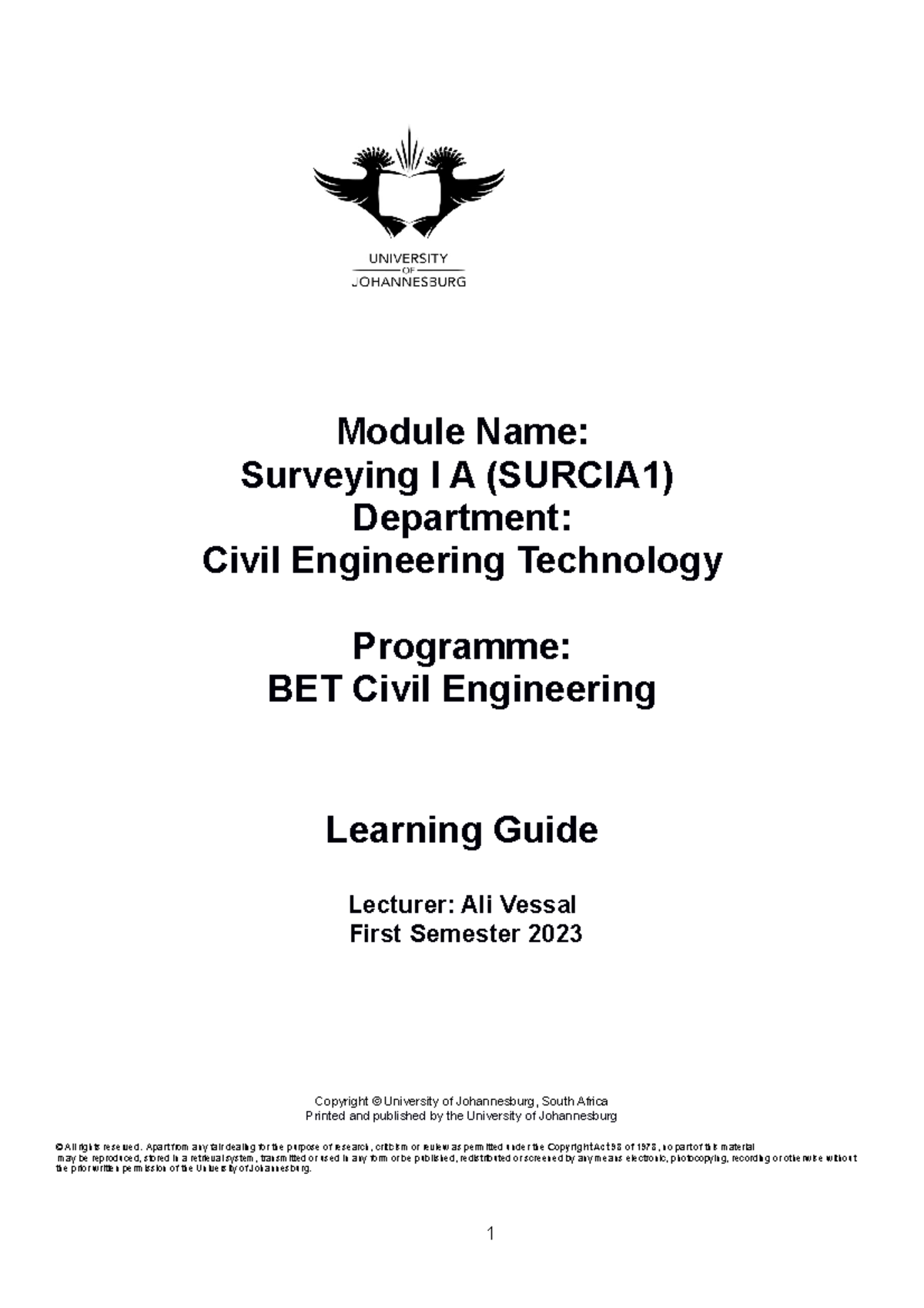Learning Guide SURC IA1 surveying 1 Study Guide 2023 BET - Module Name: Surveying I A (SURCIA1 ...