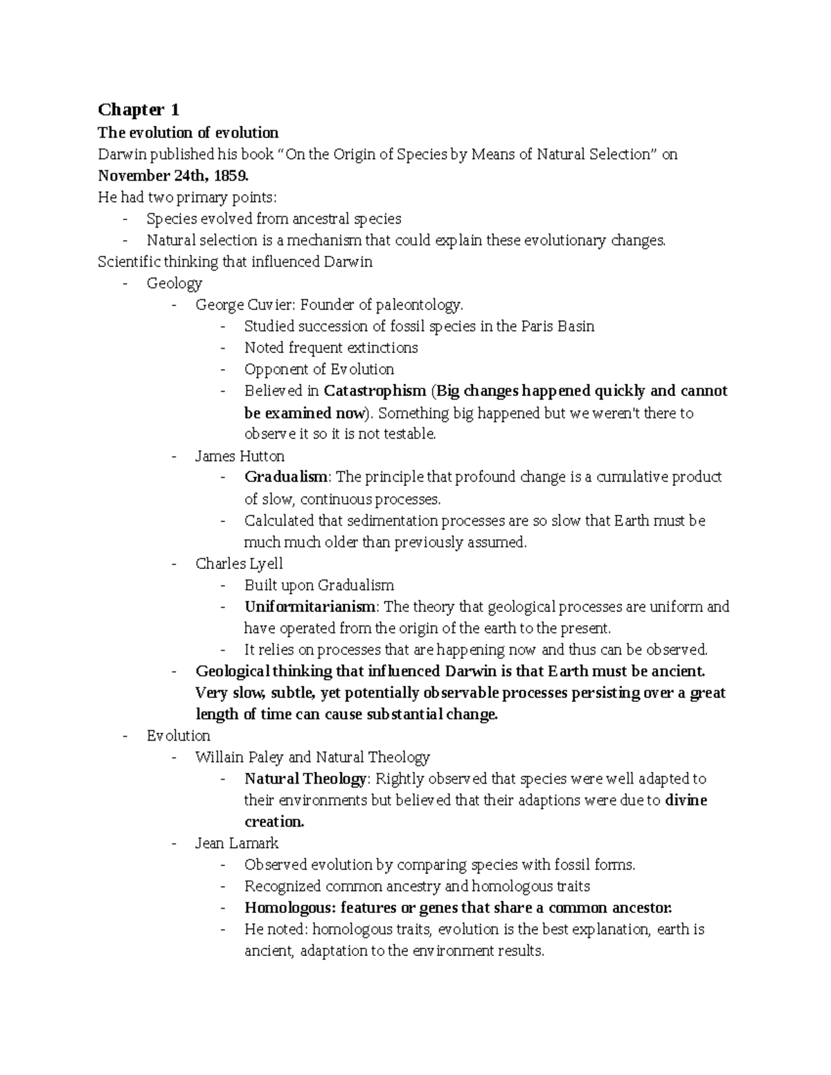 Evo Exam 1 study guide - Chapter 1 The evolution of evolution Darwin ...