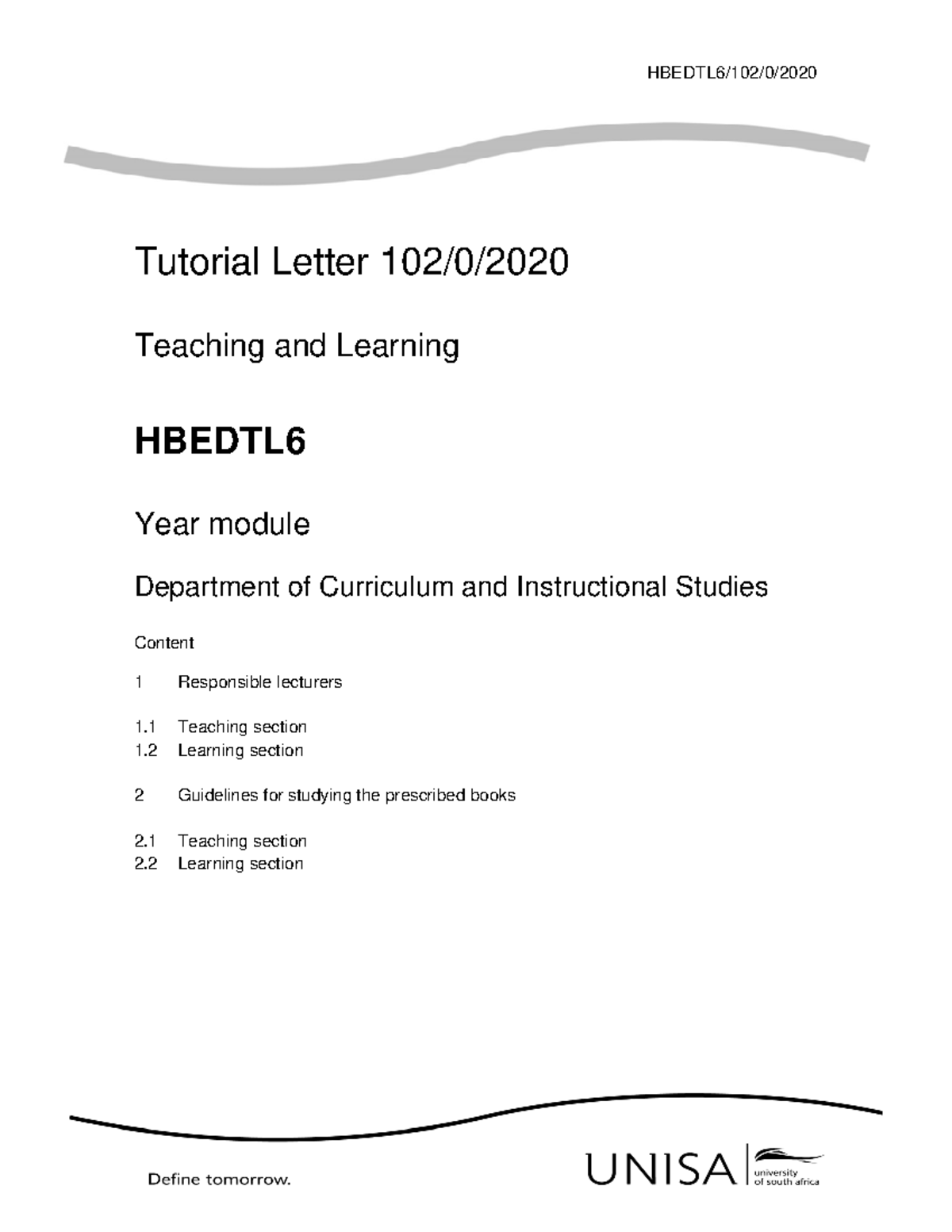 102 2020 0 b- HBEDTRD TUTORIAL LETTERS - HBEDTL6/1 02/0/20 20 Tutorial ...