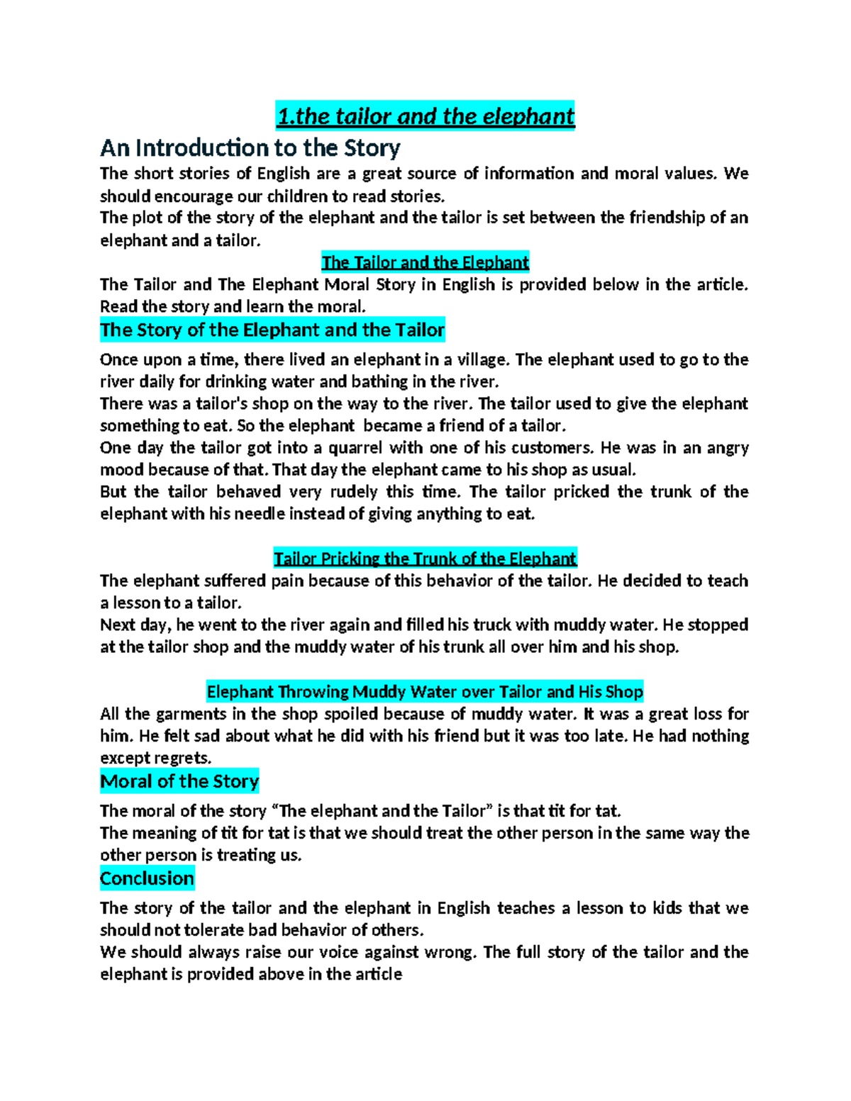 Long story writig 2nd year - 1 tailor and the elephant An Introduction ...