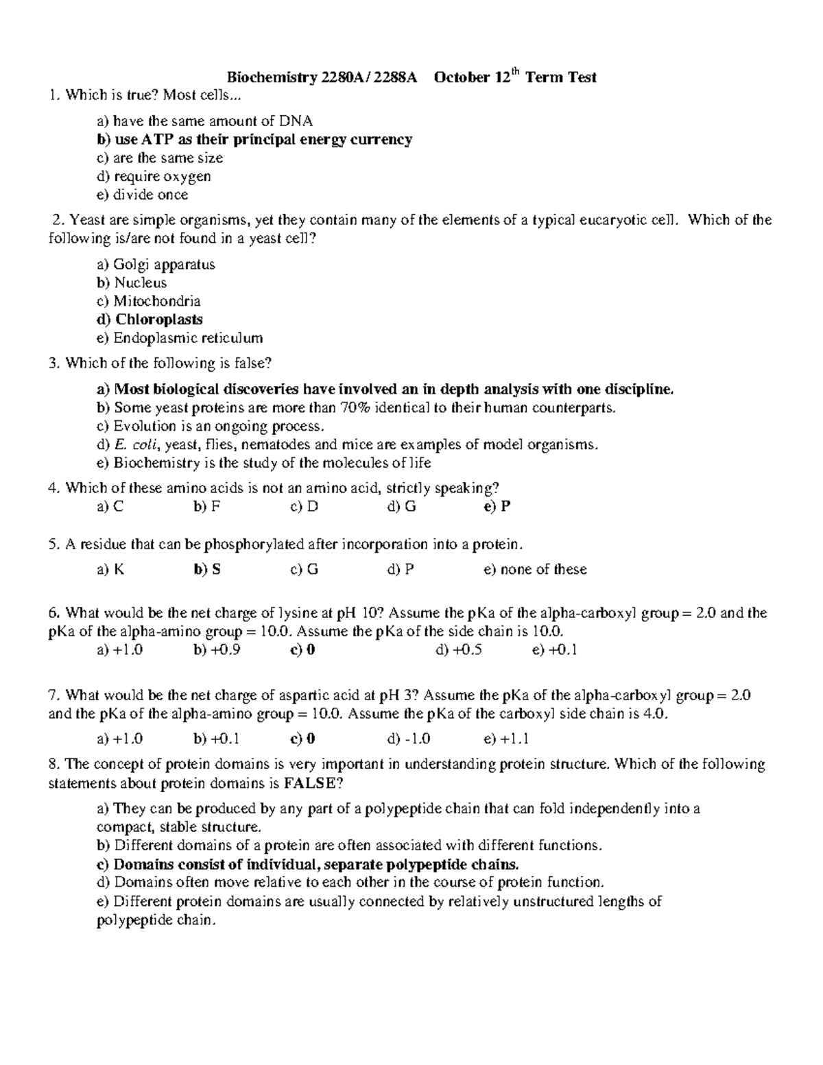 Exam 12 October 2016, questions and answers - Term test - Biochemistry ...