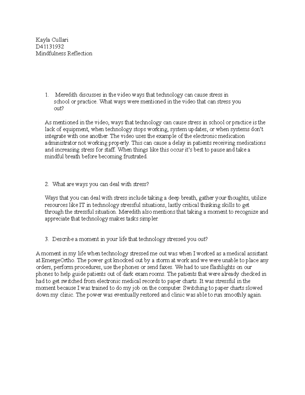 Mindfulness reflection week 7 - Kayla Cullari D Mindfulness Reflection ...