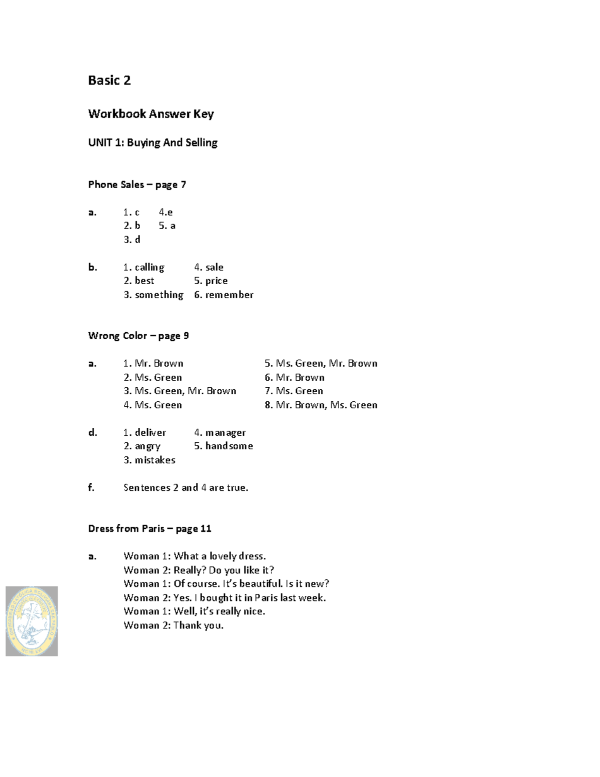 Pdfcoffee - dap an - Basic 2 Workbook Answer Key UNIT 1: Buying And Selling Phone Sales – page 7 ...