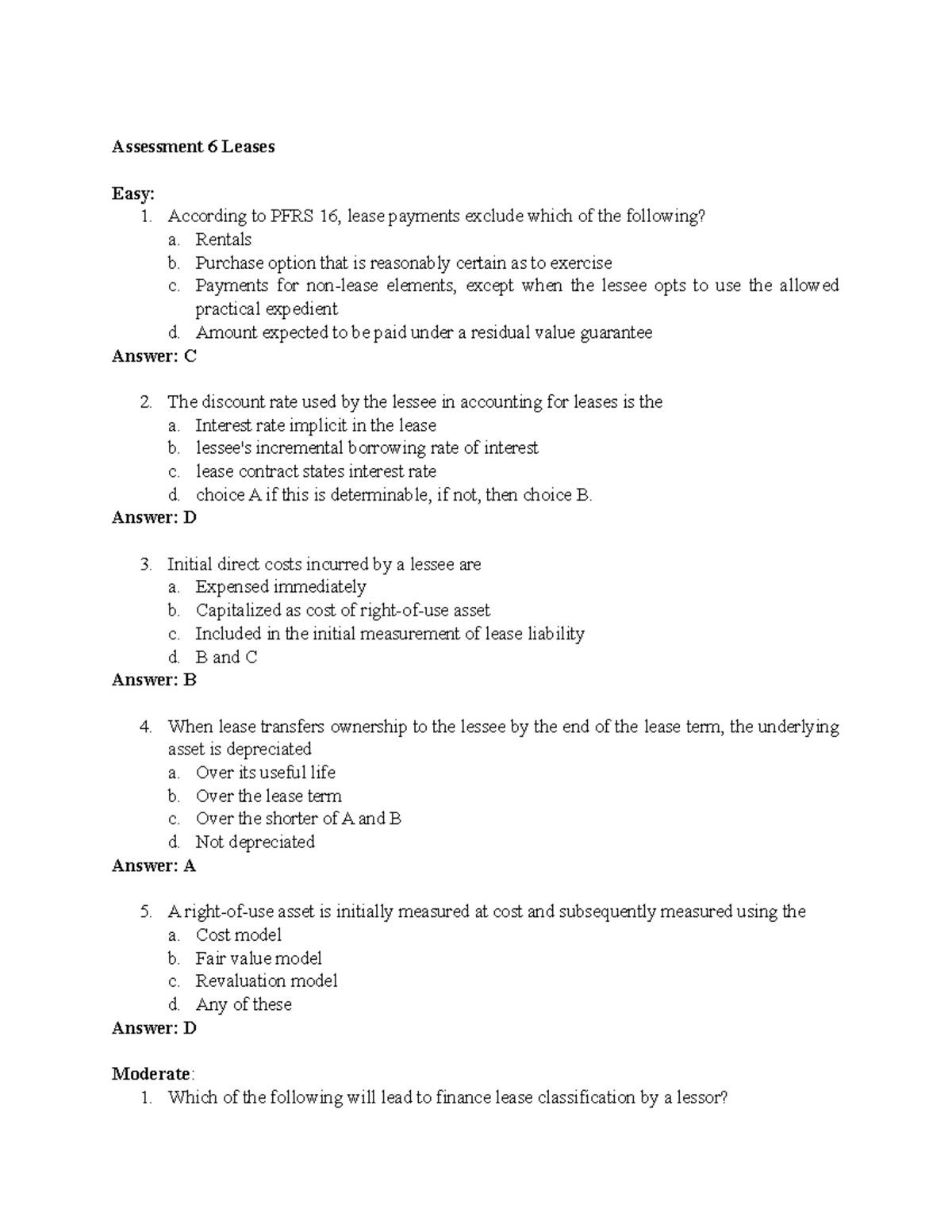 Leases - Assessment 6 Leases Easy: 1. According to PFRS 16, lease ...
