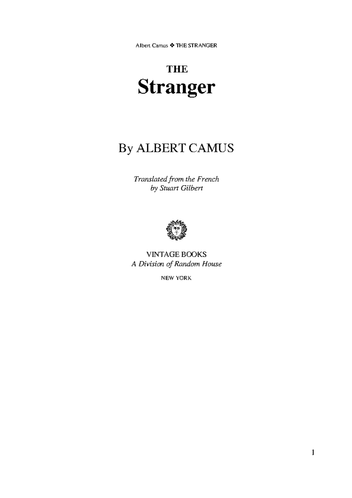 Camus, Albert - The Stranger - THE Stranger By ALBERT CAMUS Translated ...