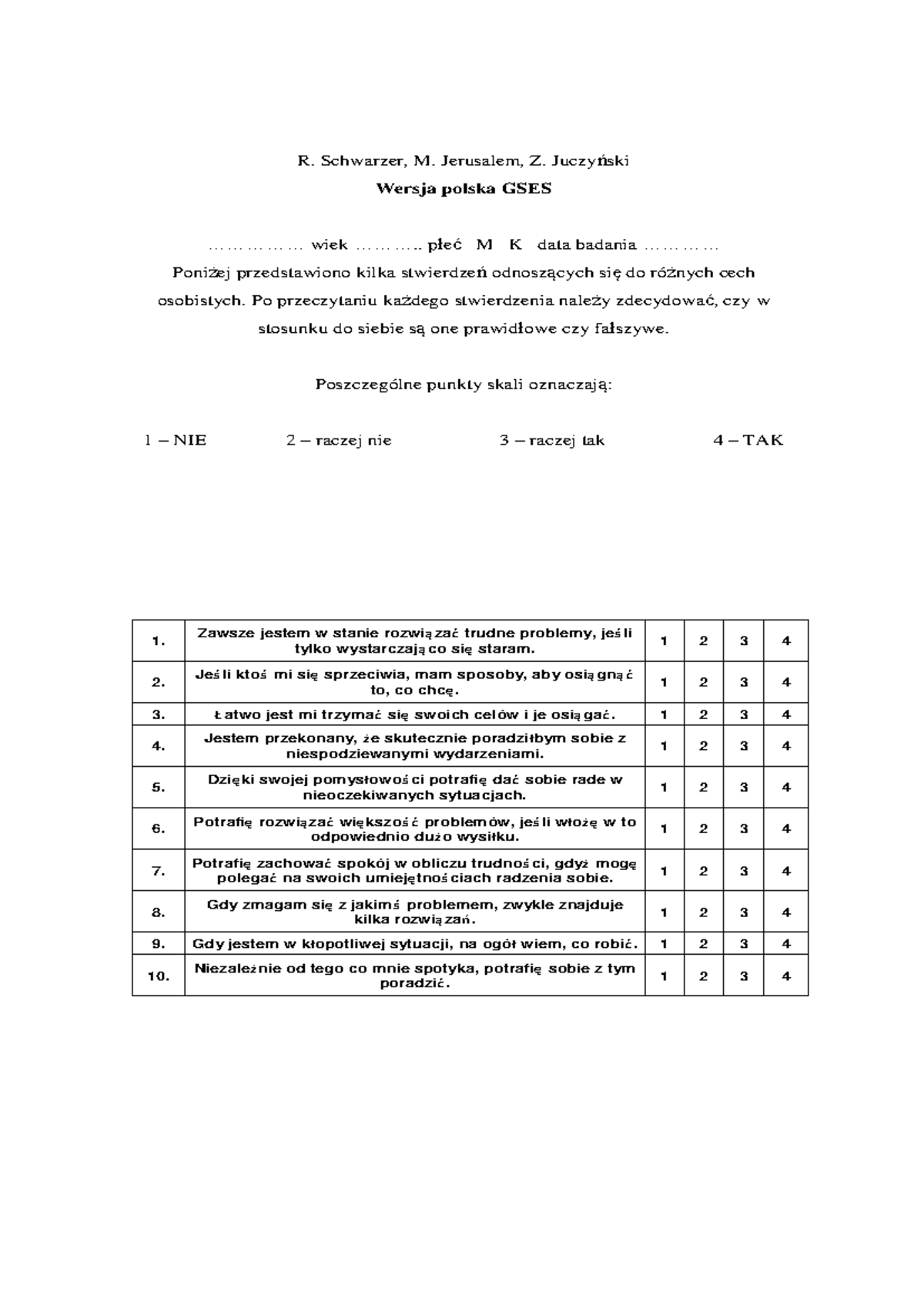 Gses - kwestionariusz - R. Schwarzer, M. Jerusalem, Z. Juczyński Wersja ...