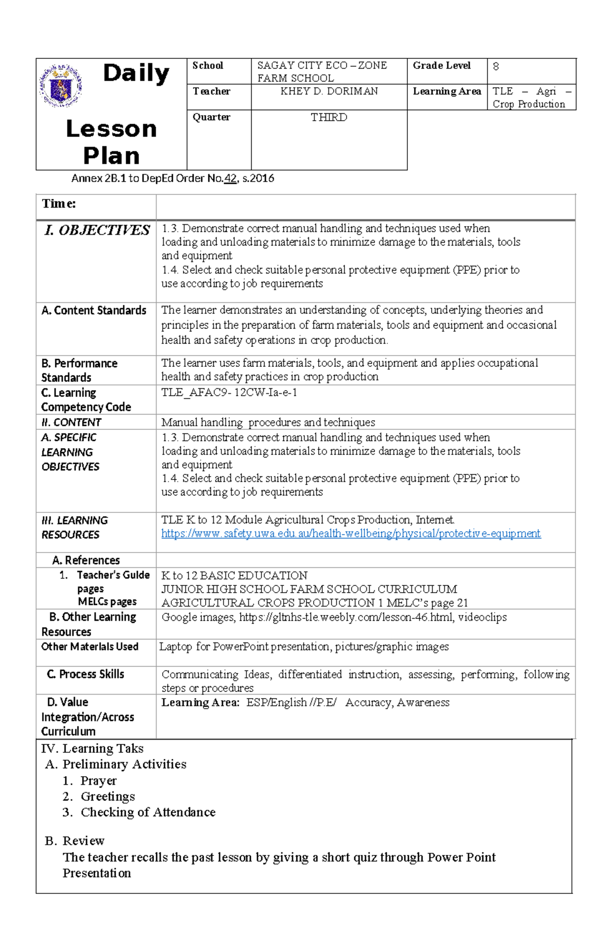 DLP Grade 8 Correct Manual Handling - Daily Lesson Plan School SAGAY ...