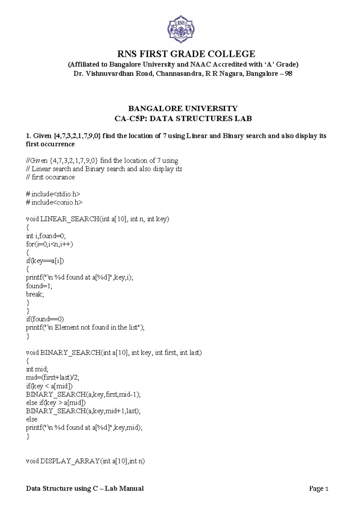 DS Lab manual - (Affiliated to Bangalore University and NAAC Accredited ...