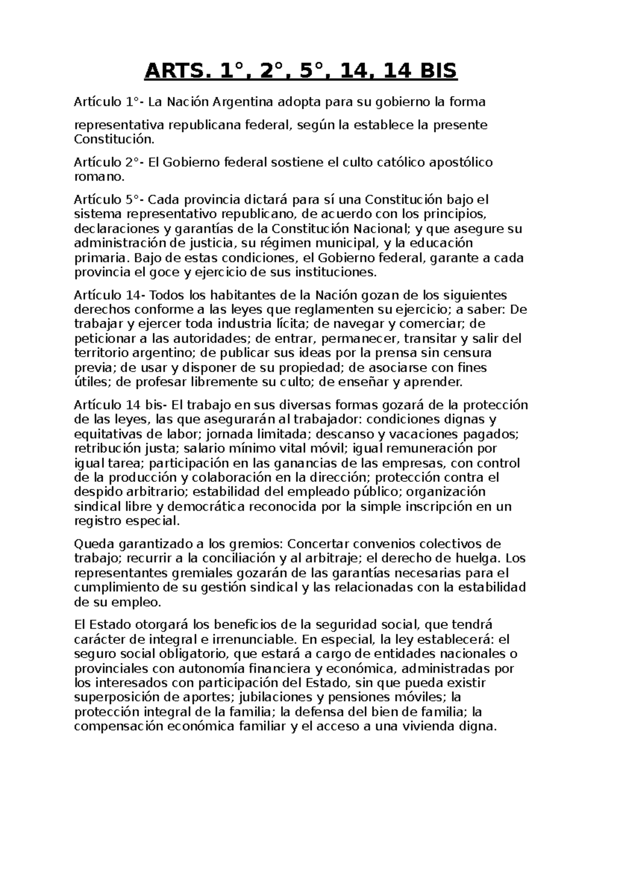 Articulos leidos 1, 2 y 3 clases - ARTS. 1°, 2°, 5°, 14, 14 BIS ...
