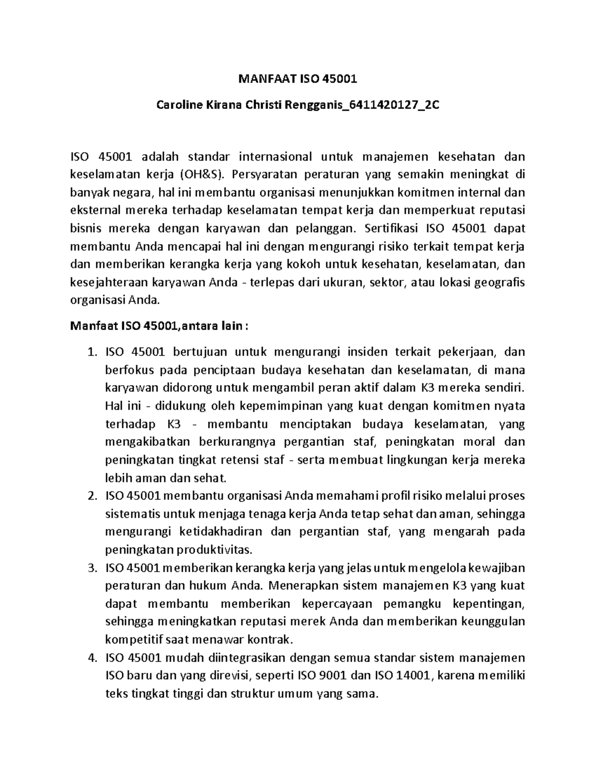 BENEFITS OF ISO 45001 - MANFAAT ISO 45001 Caroline Kirana Christi ...