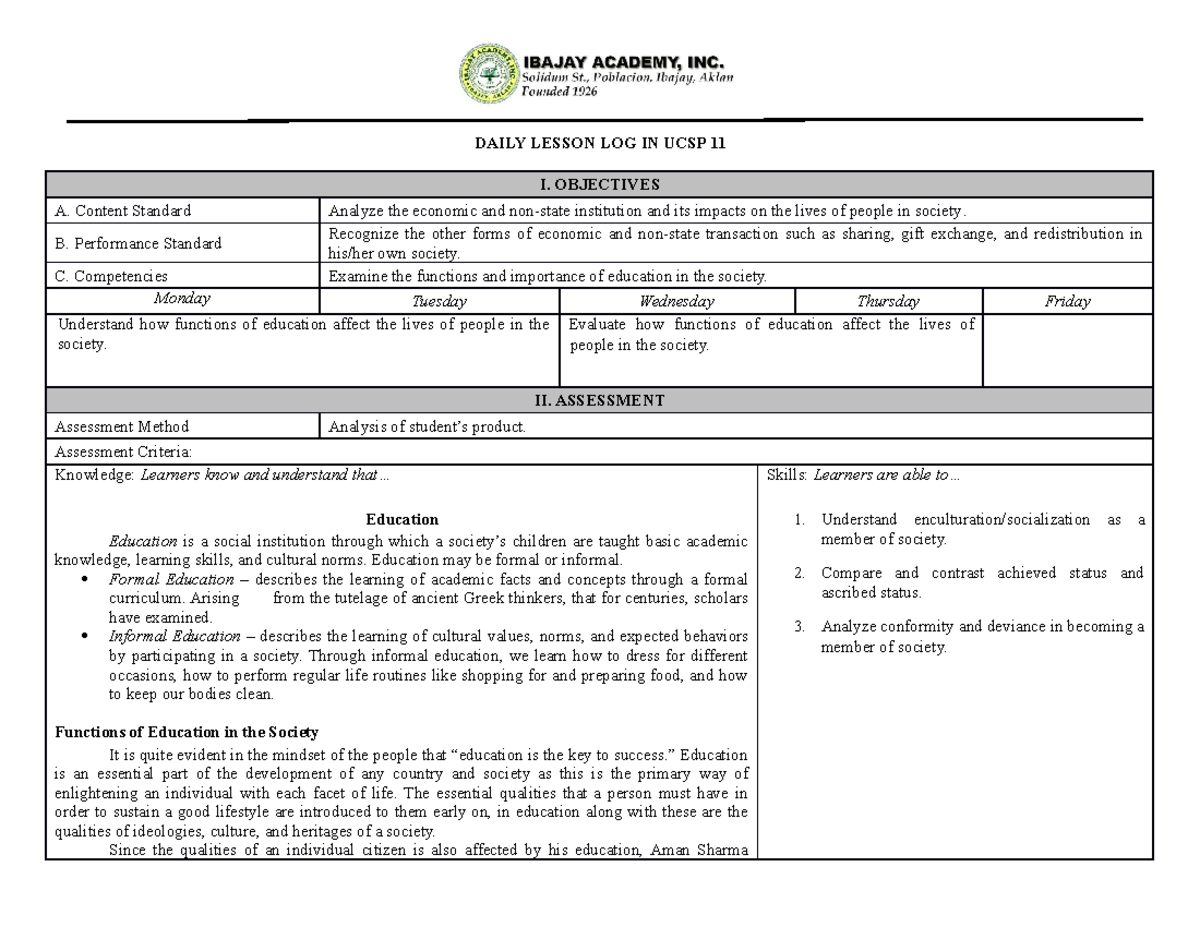 Daily Lesson LOG 4 - DAILY LESSON LOG IN UCSP 11 I. OBJECTIVES A ...