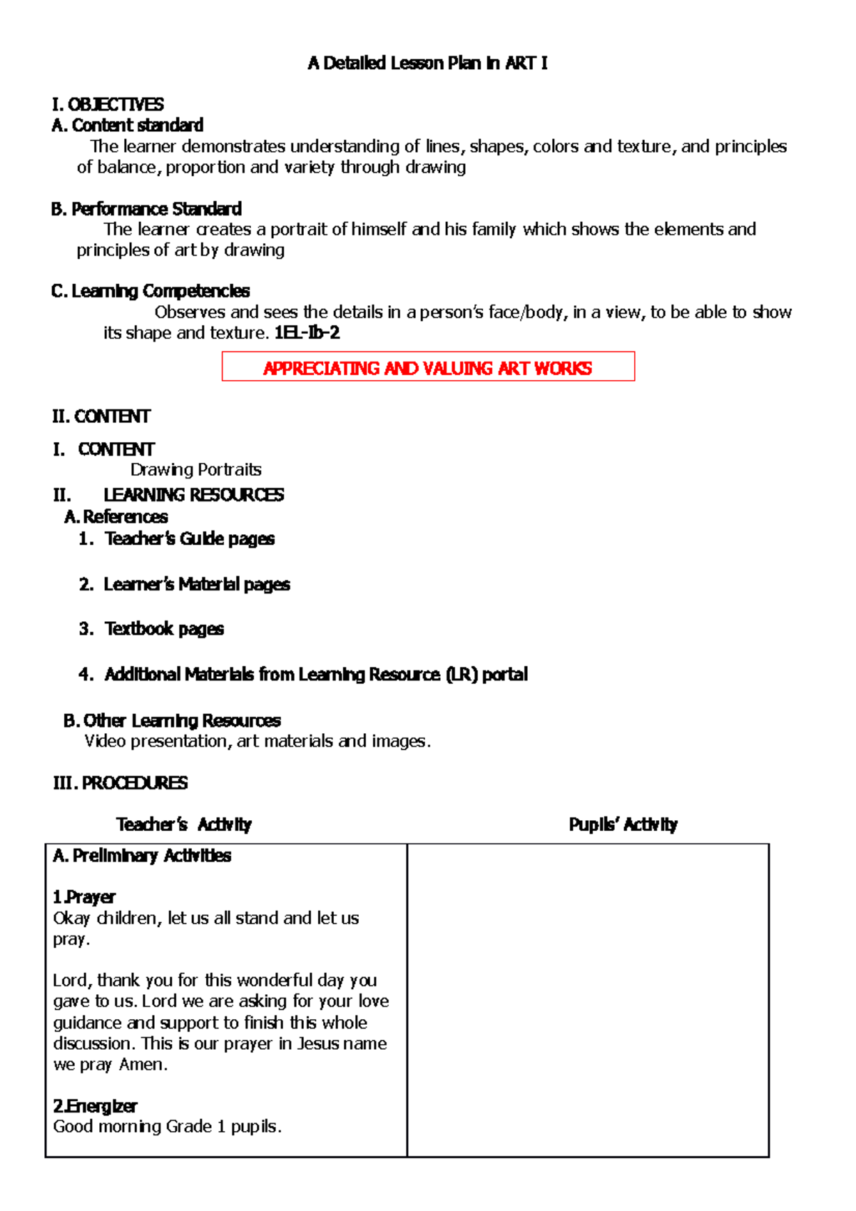 ART1 DLP - Educational purposes only. - A Detailed Lesson Plan in ART I ...