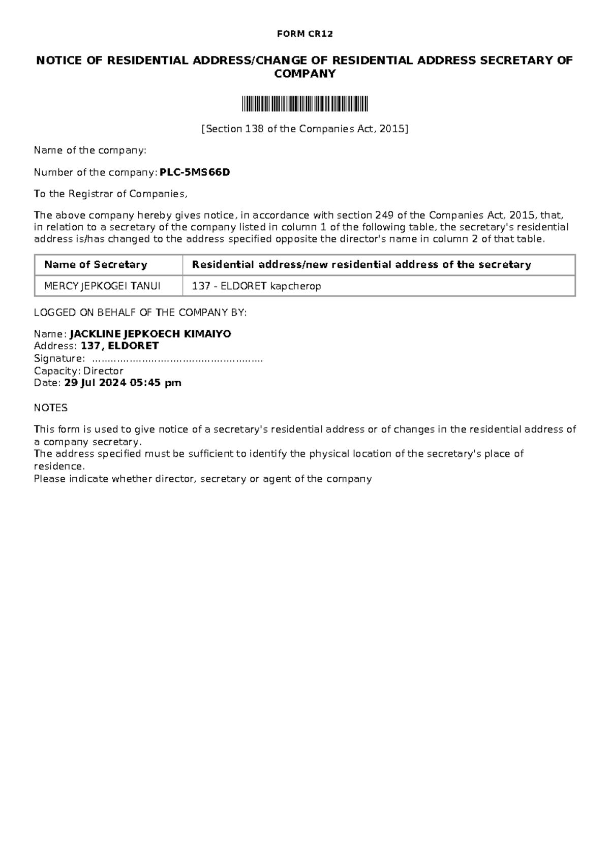 PLC 5MS66D CR 12 - lecture - FORM CR NOTICE OF RESIDENTIAL ADDRESS ...