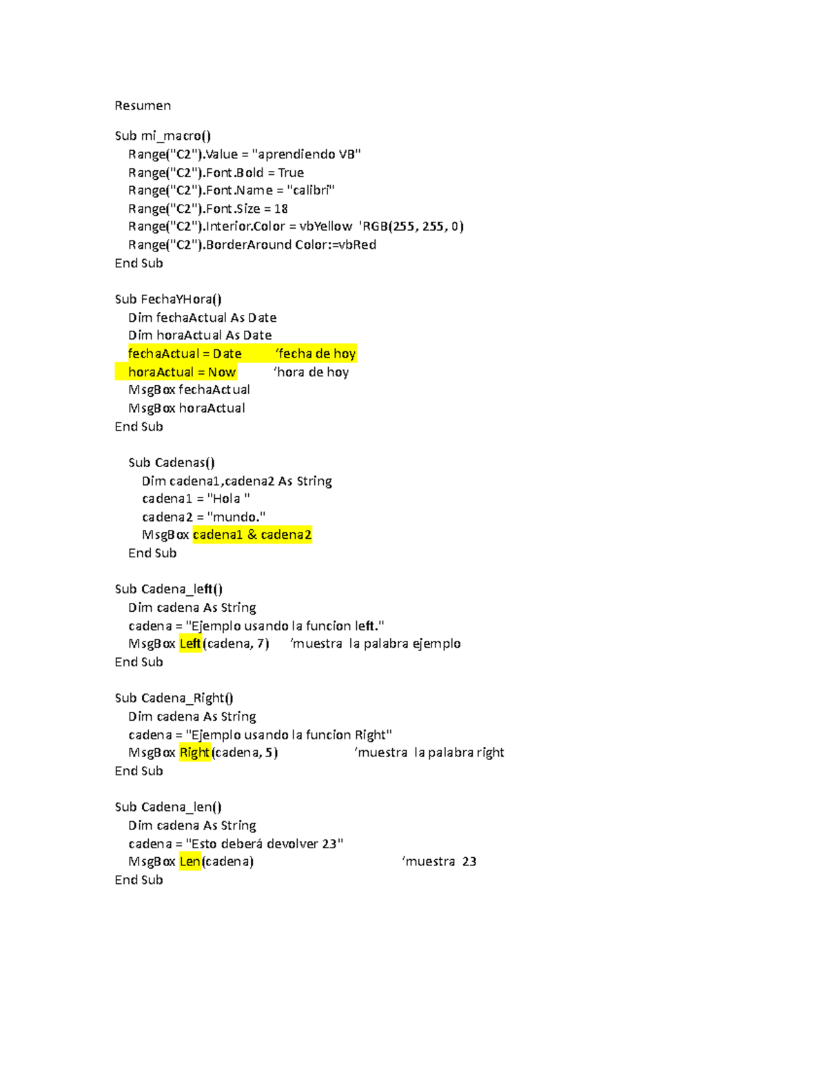 Resumen Macros INF130 - Resumen Sub mi_macro() Range("C2").Value = "aprendiendo - Studocu