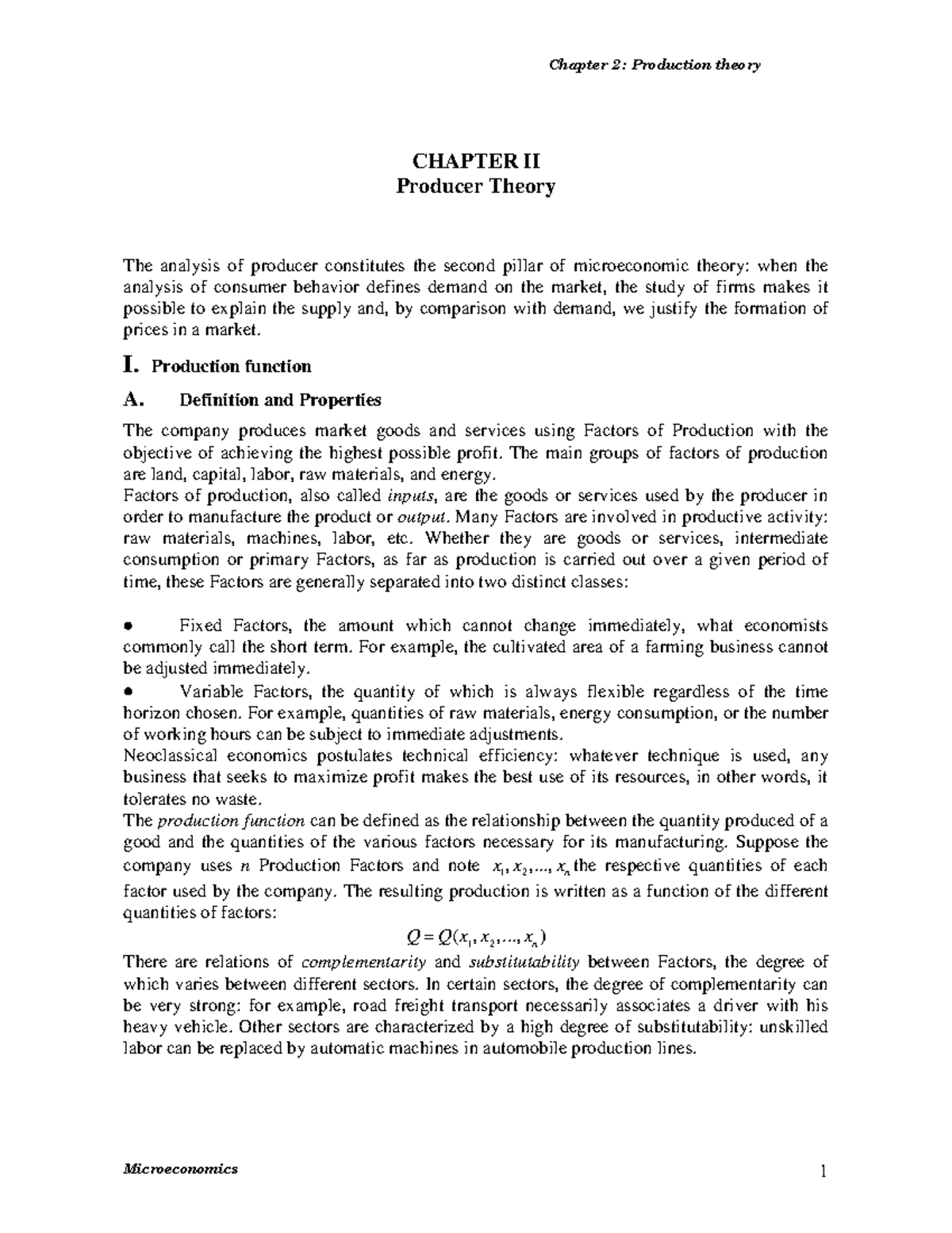 Chapter 2 Production and Costs - CHAPTER II Producer Theory The ...